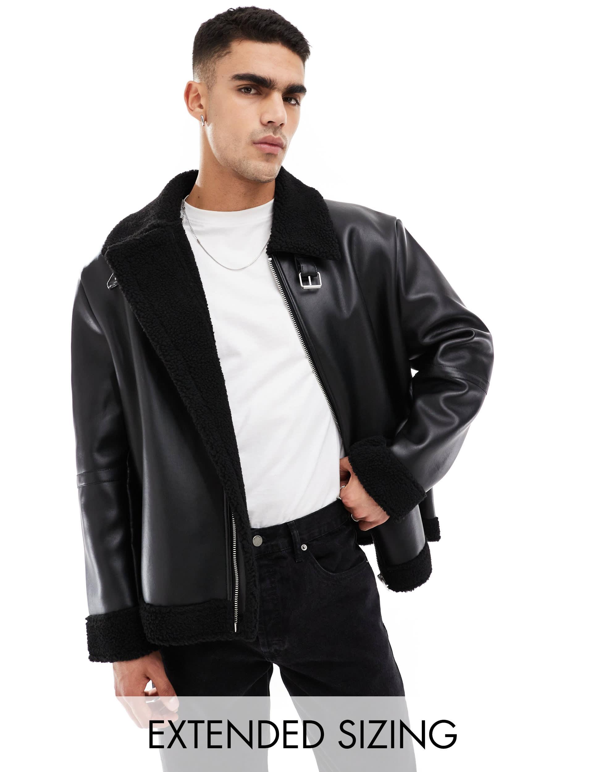ASOS Faux Leather Aviator Jacket With Borg Lining in Black for Men | Lyst