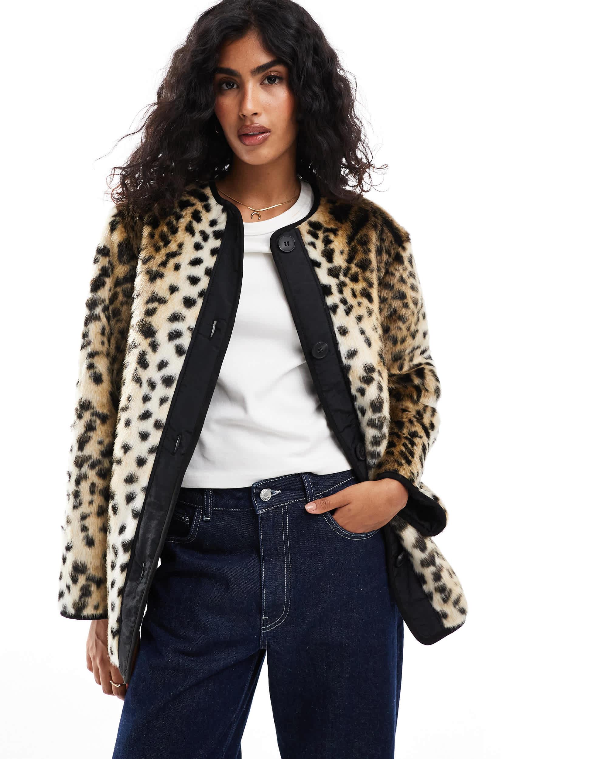 ASOS Leopard Print Faux Fur Collarless Jacket in Blue | Lyst