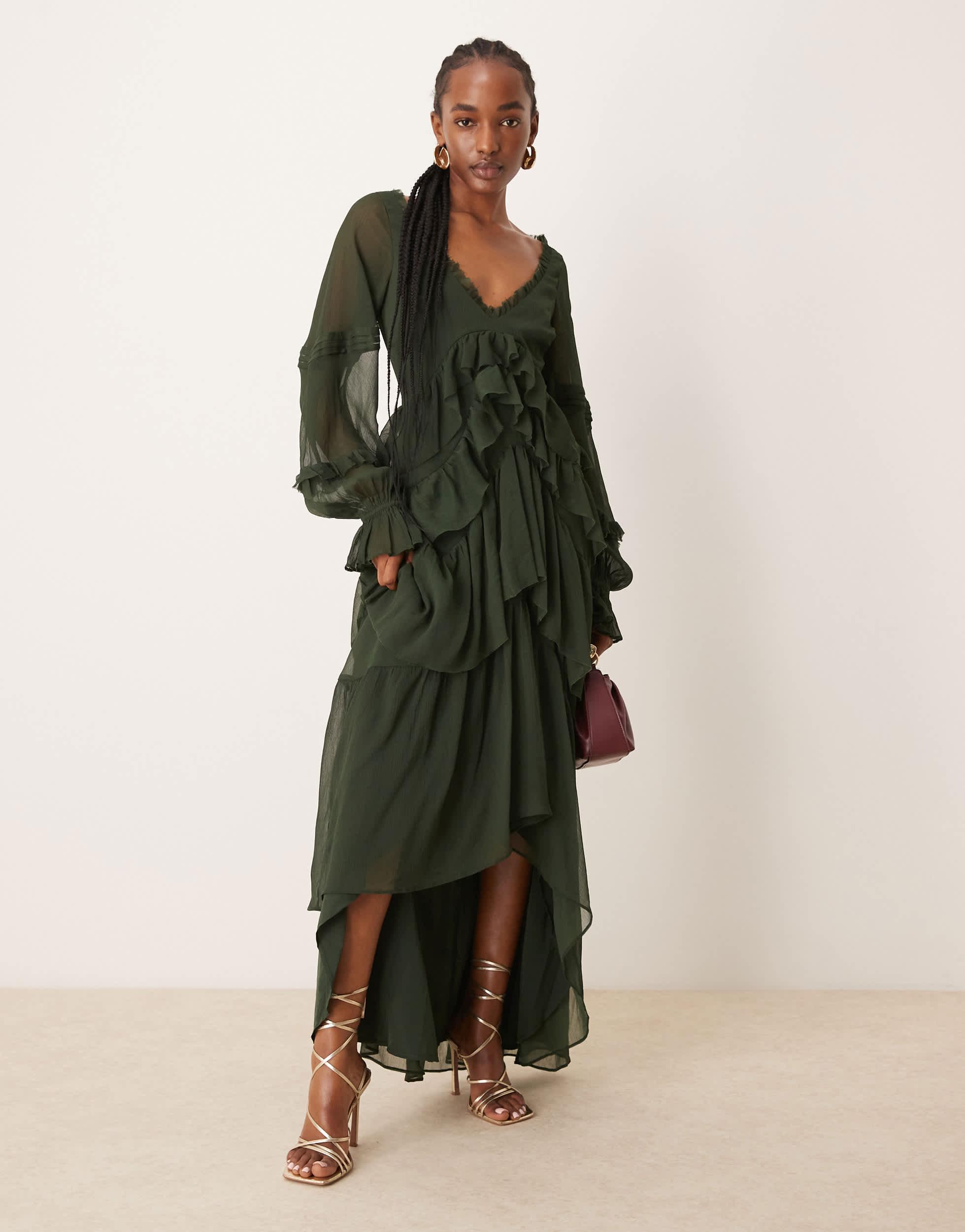 ASOS V Front Tiered Ruffle Maxi Dress With Hi Low Hem And Pin Tucks in ...