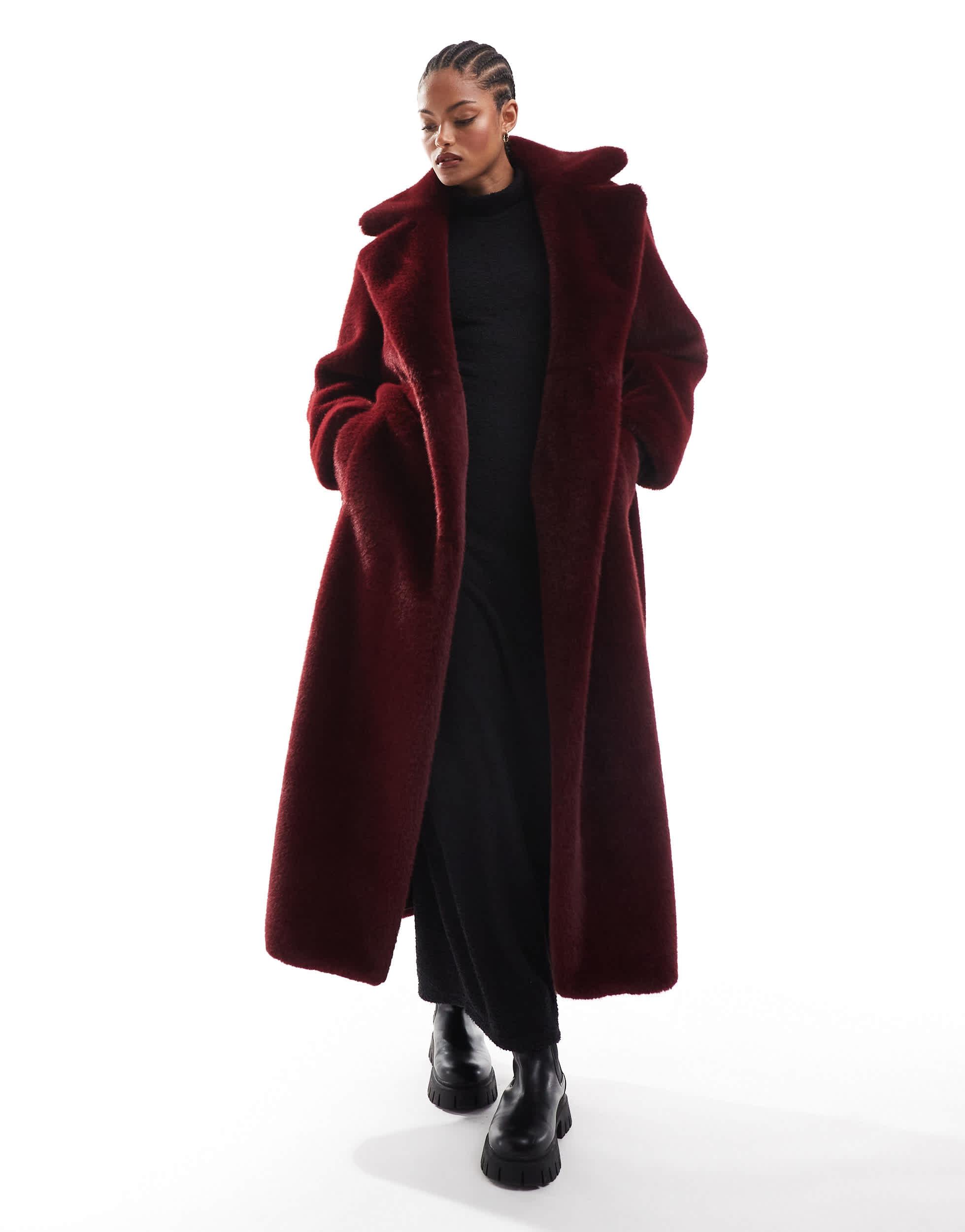 ASOS Asos Design Tall Longline Belted Faux Fur Coat in Red | Lyst