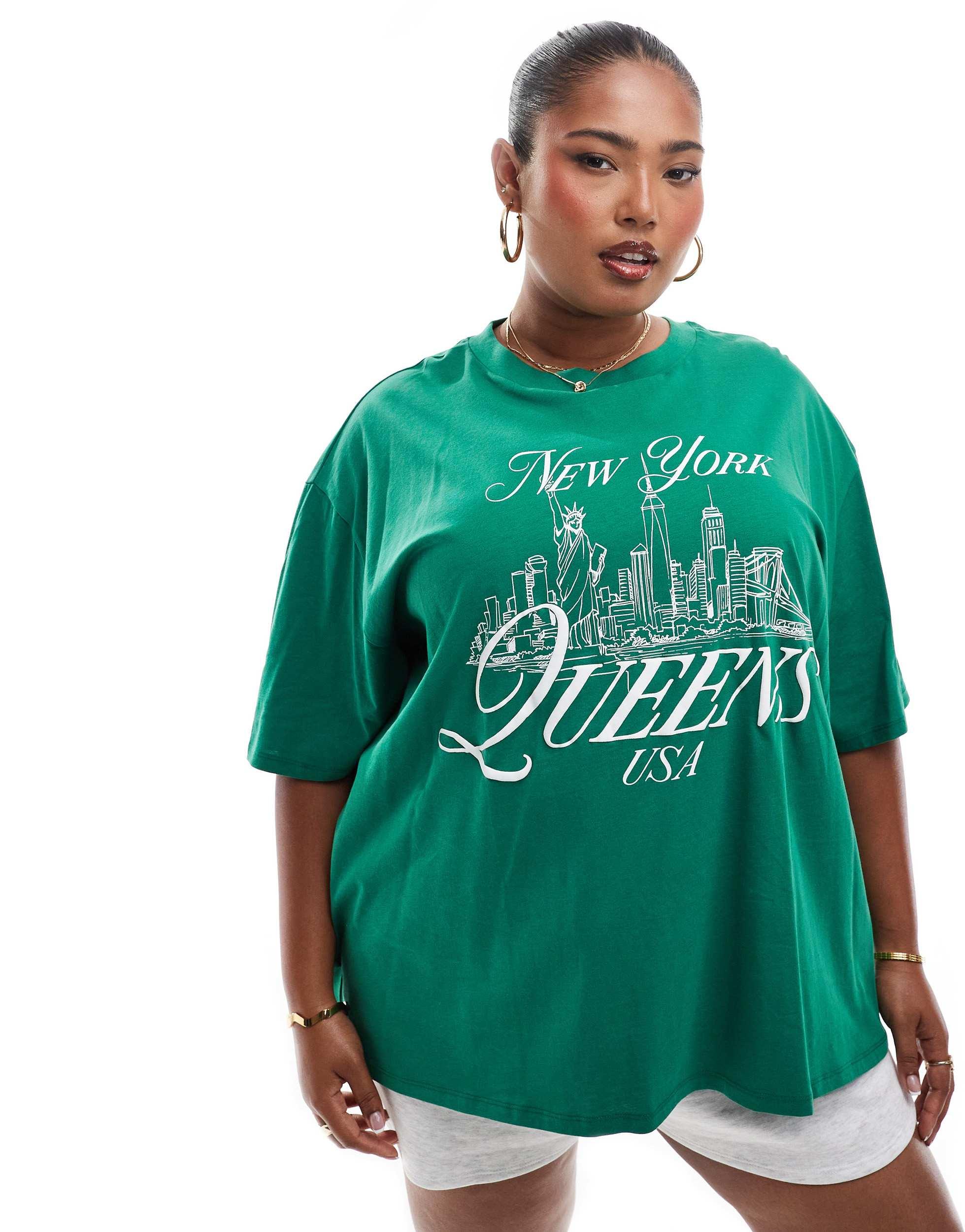 ASOS Asos Design Curve Boyfriend Fit T-shirt With Queens New York Puff ...