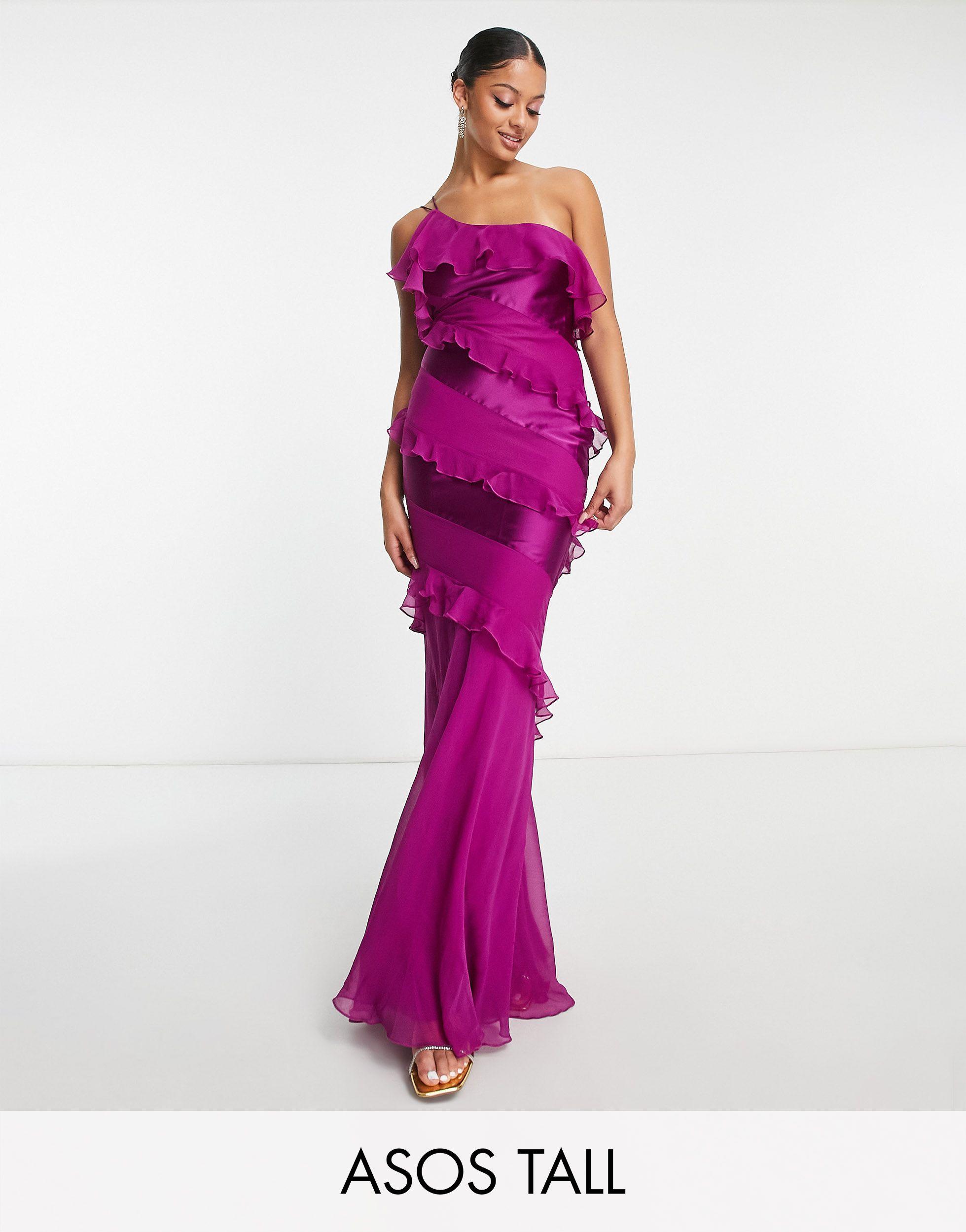 Asos Asos Design Tall Satin Bias Ruffle Maxi Dress In Pink Lyst