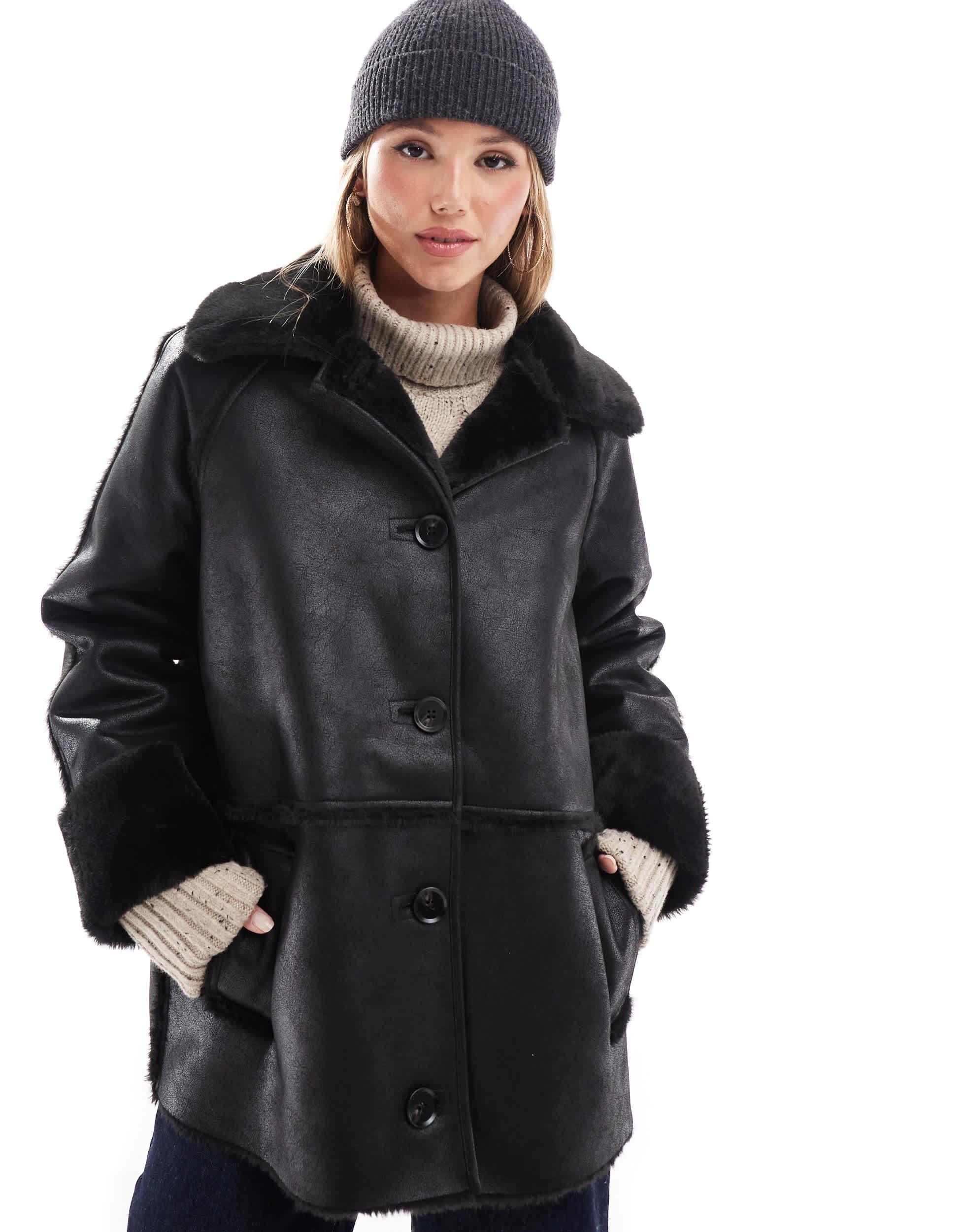 Pretty Lavish Oversized Aviator Coat in Black | Lyst