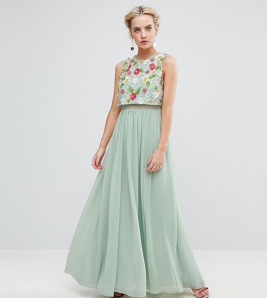 Asos Synthetic 3d Floral Embellished Crop Top Maxi Dress In Green Lyst