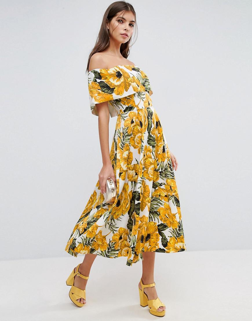 Lyst Asos Golden Floral Bardot Midi Dress In Yellow