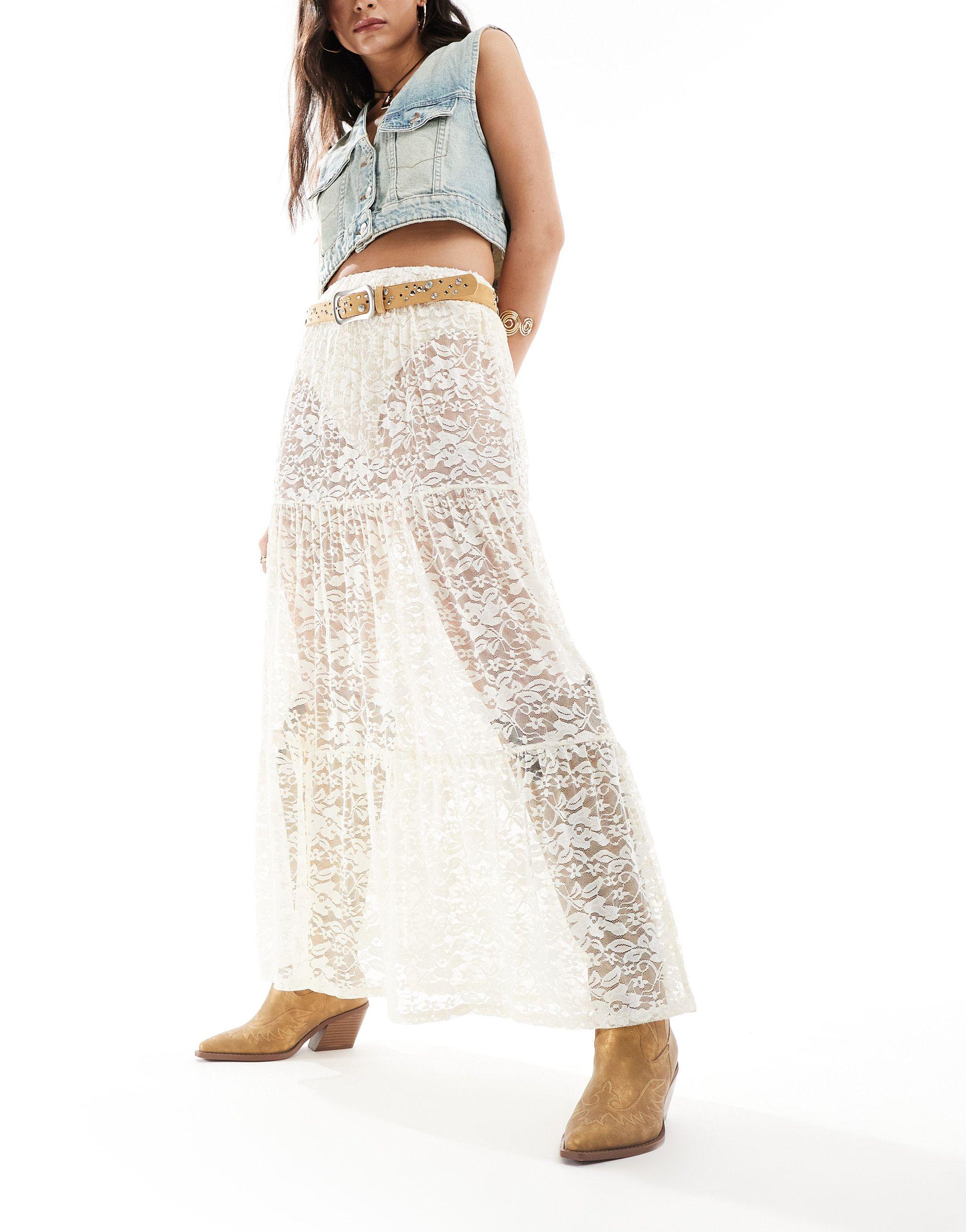 Miss Selfridge Beach Sheer Tiered Lace Maxi Skirt in White | Lyst