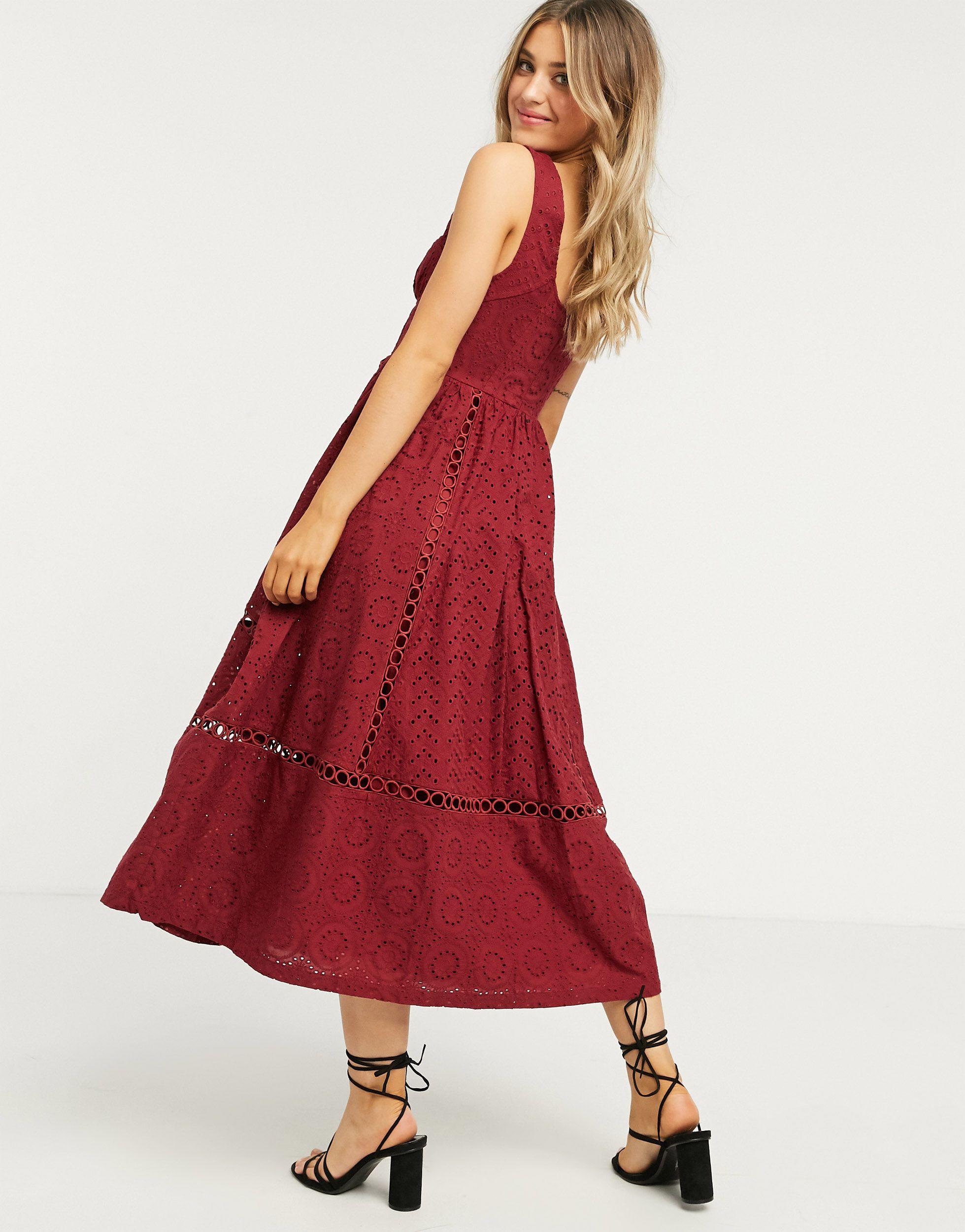 Asos Lace Broderie Cupped Midi Skater Prom Dress In Red Lyst