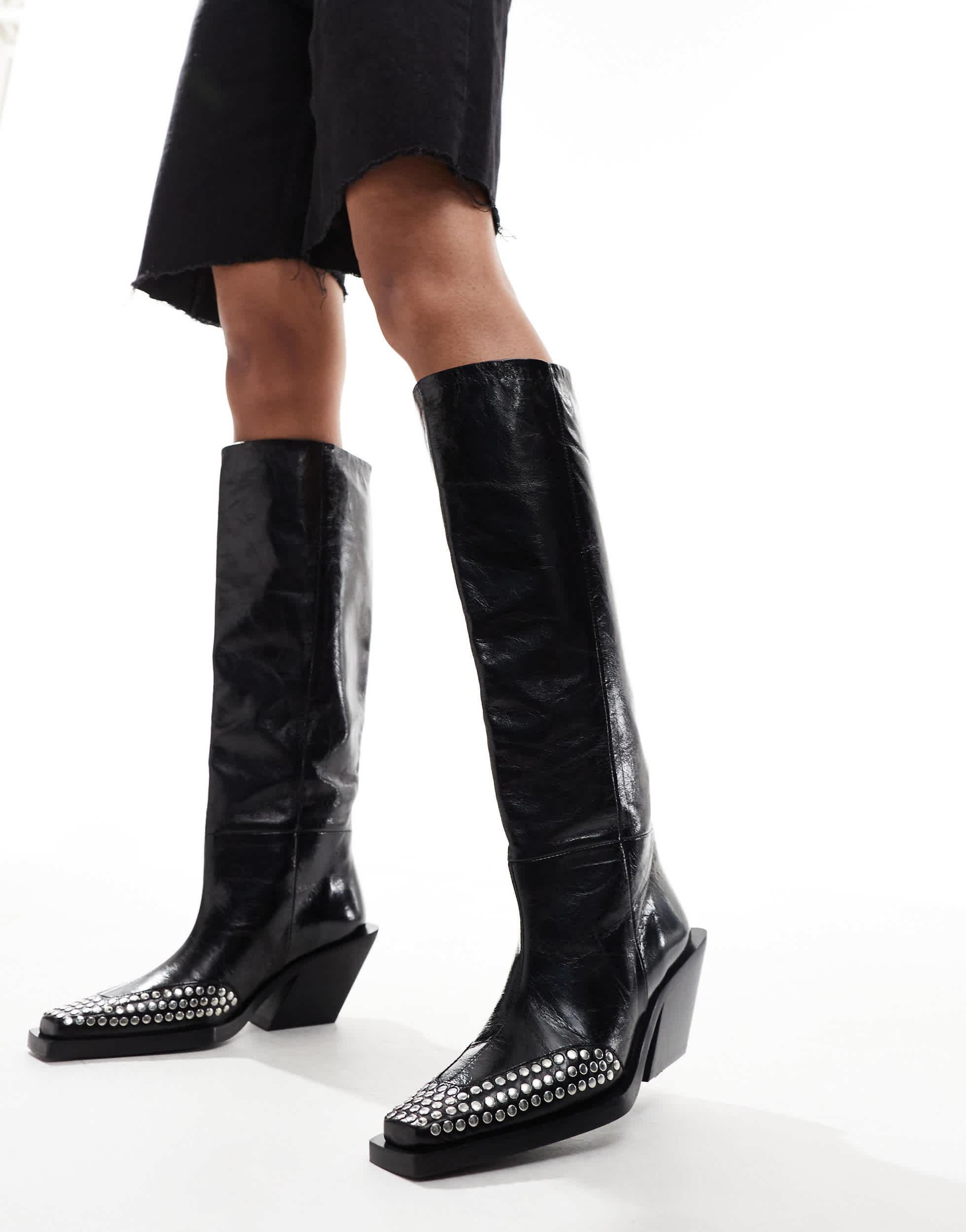 ASOS Cassie Premium Leather Western Knee Boots With Stud Detail in ...