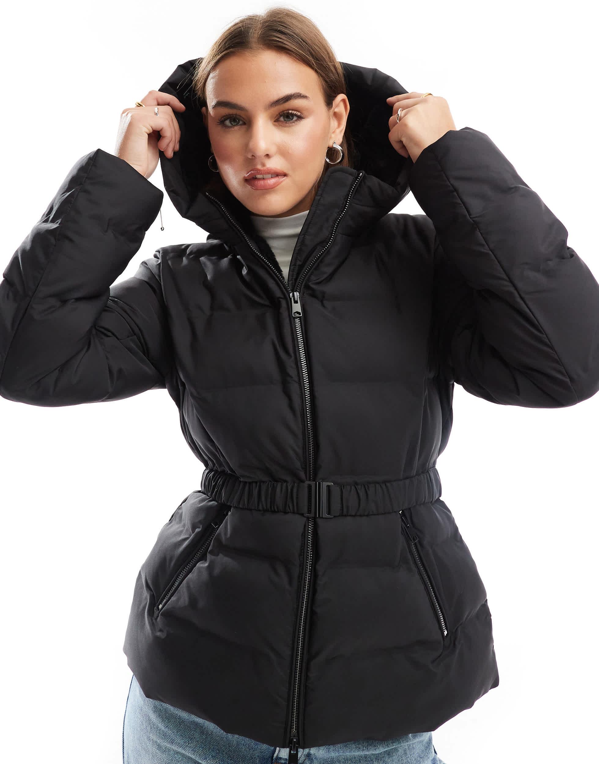 Stradivarius Belted Padded Jacket With Hood in Black | Lyst