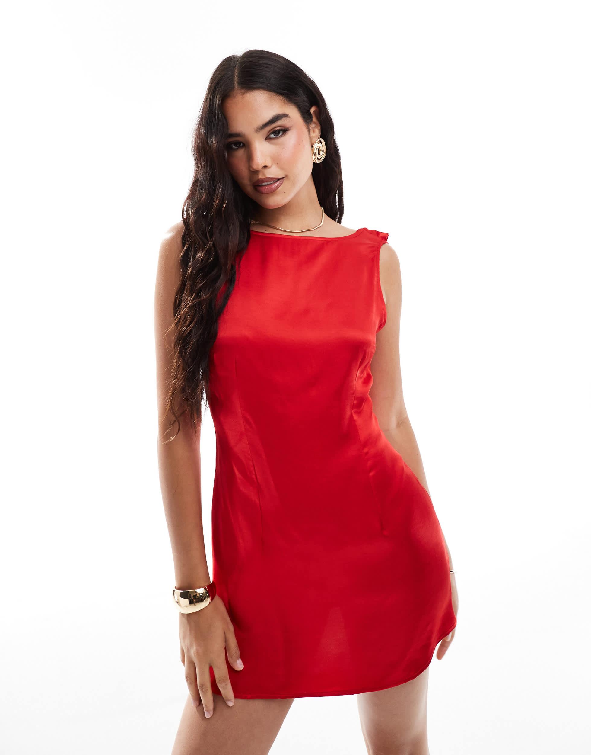 ASOS Satin Cowl Back Mini Dress in Red | Lyst