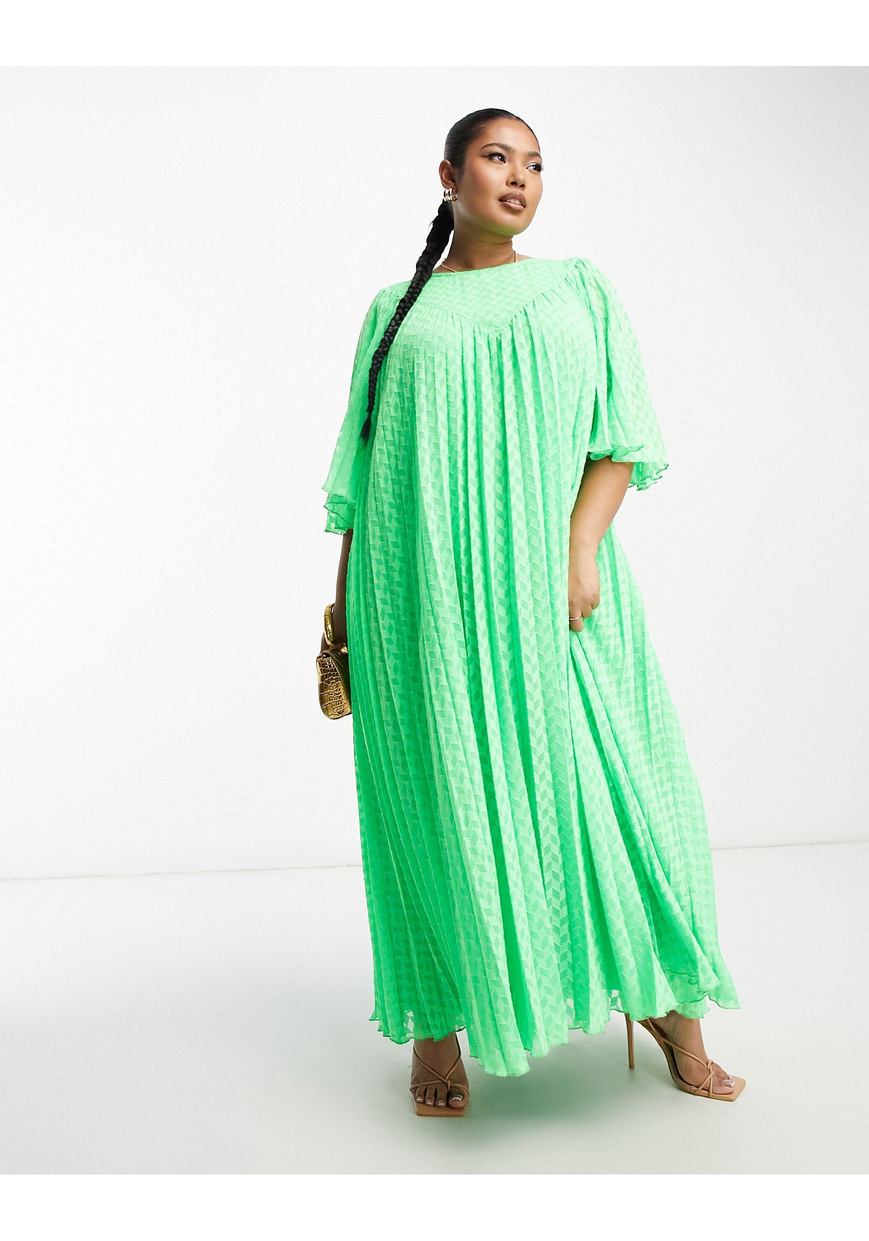 Asos Asos Design Curve Textured Pleated Midi Dress With Pleated Sleeves