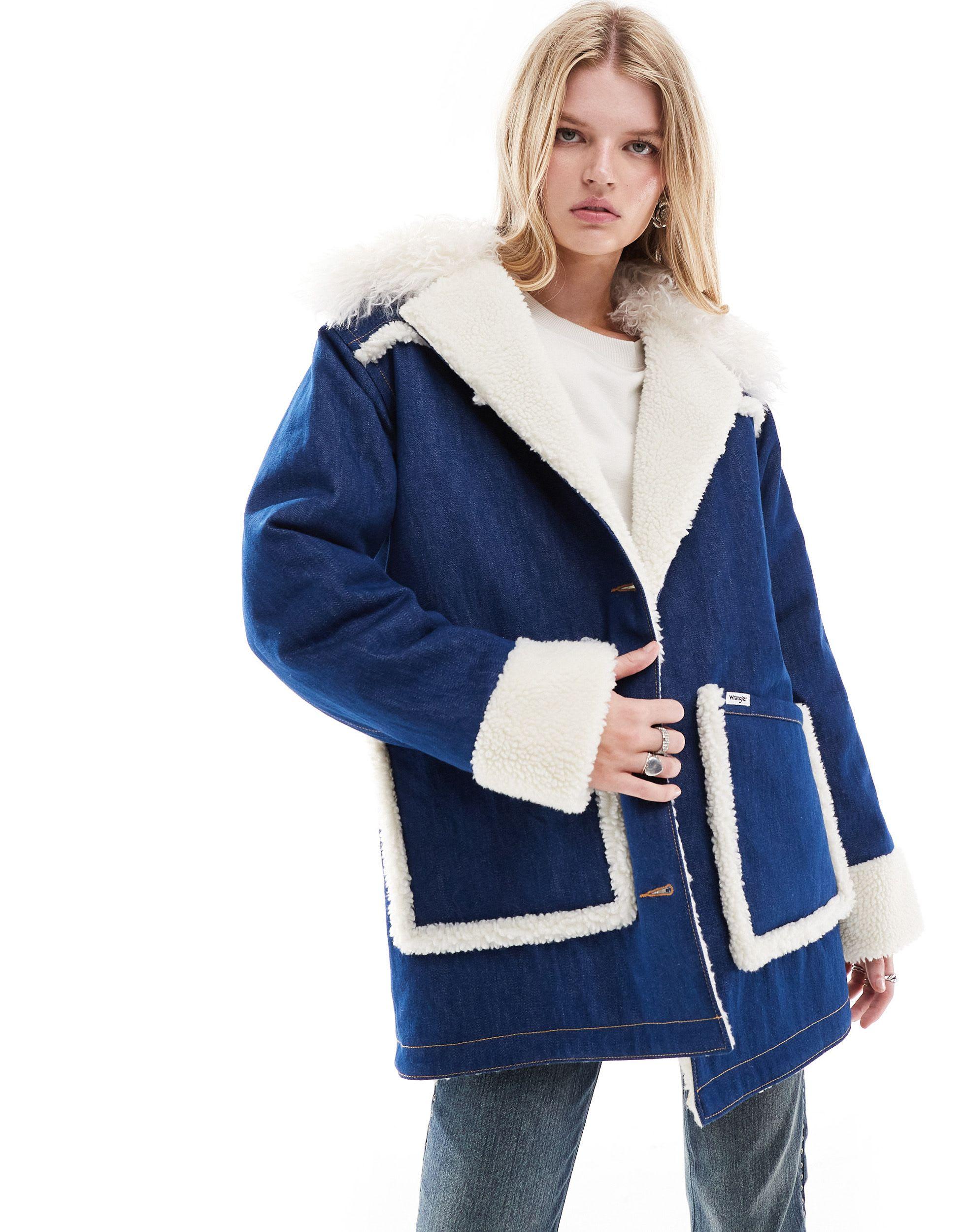 Wrangler Fleece And Borg Denim Aviator Jacket in Blue | Lyst UK