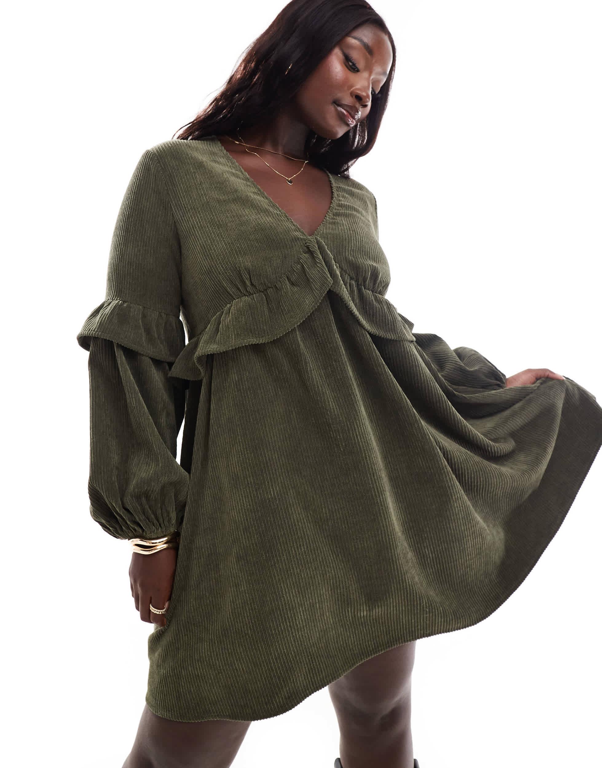 ASOS Asos Design Curve Cord Smock Mini Dress With Frill Detail in Green | Lyst
