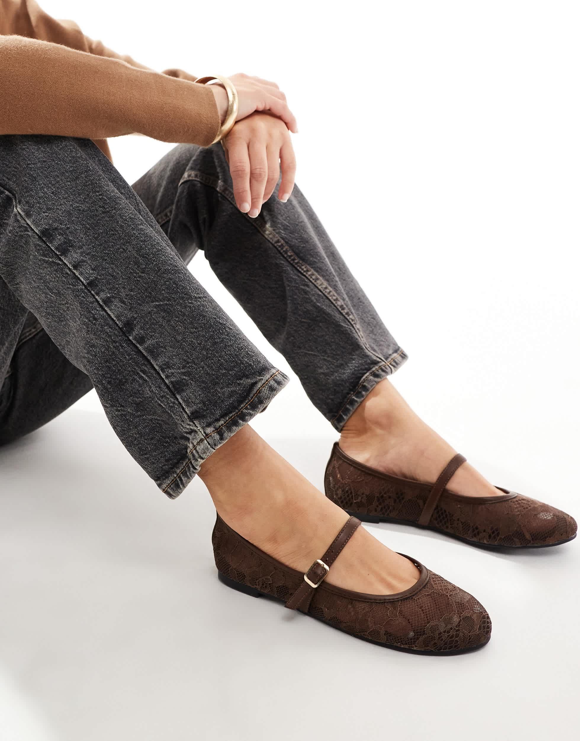 Public Desire Pirouette Lace Mary Jane Ballet Flats in Brown | Lyst