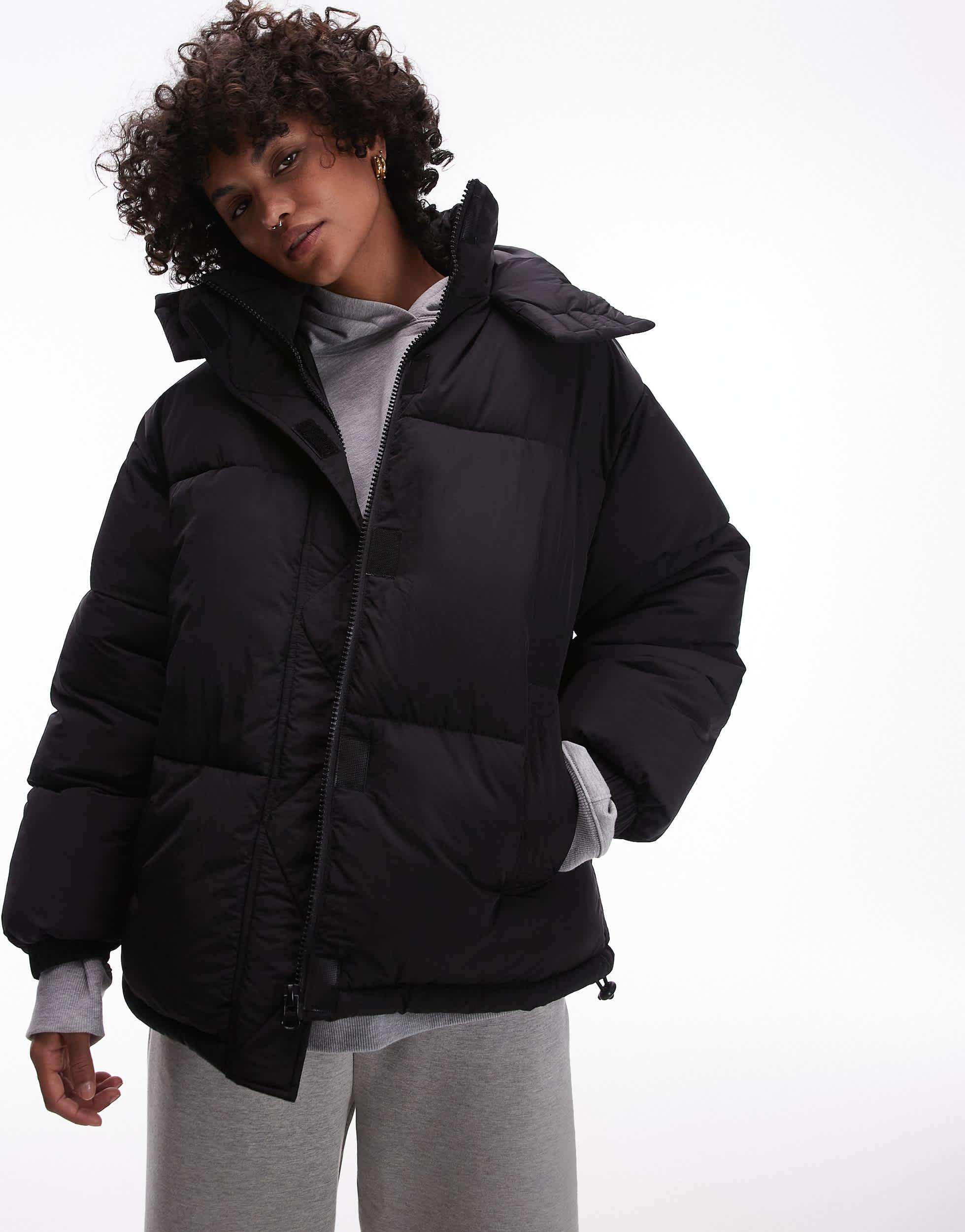 TOPSHOP Puffer Jacket With Hood in Black | Lyst
