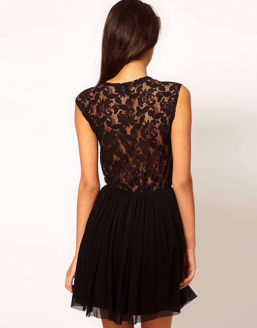 ASOS Asos Skater Dress with Lace and Mesh in Green - Lyst