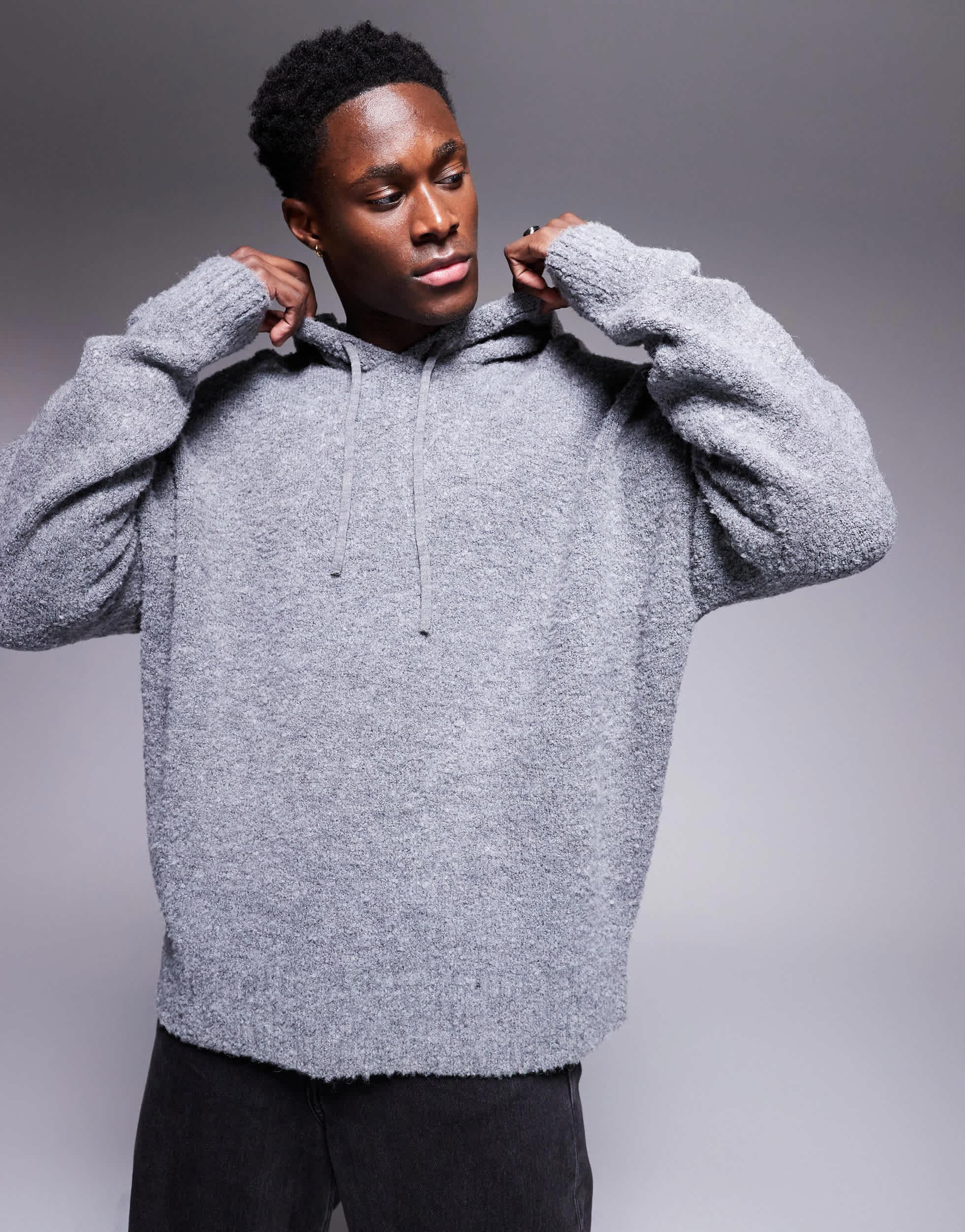 ASOS Oversized Boxy Fit Knitted Boucle Hoodie in Gray for Men | Lyst