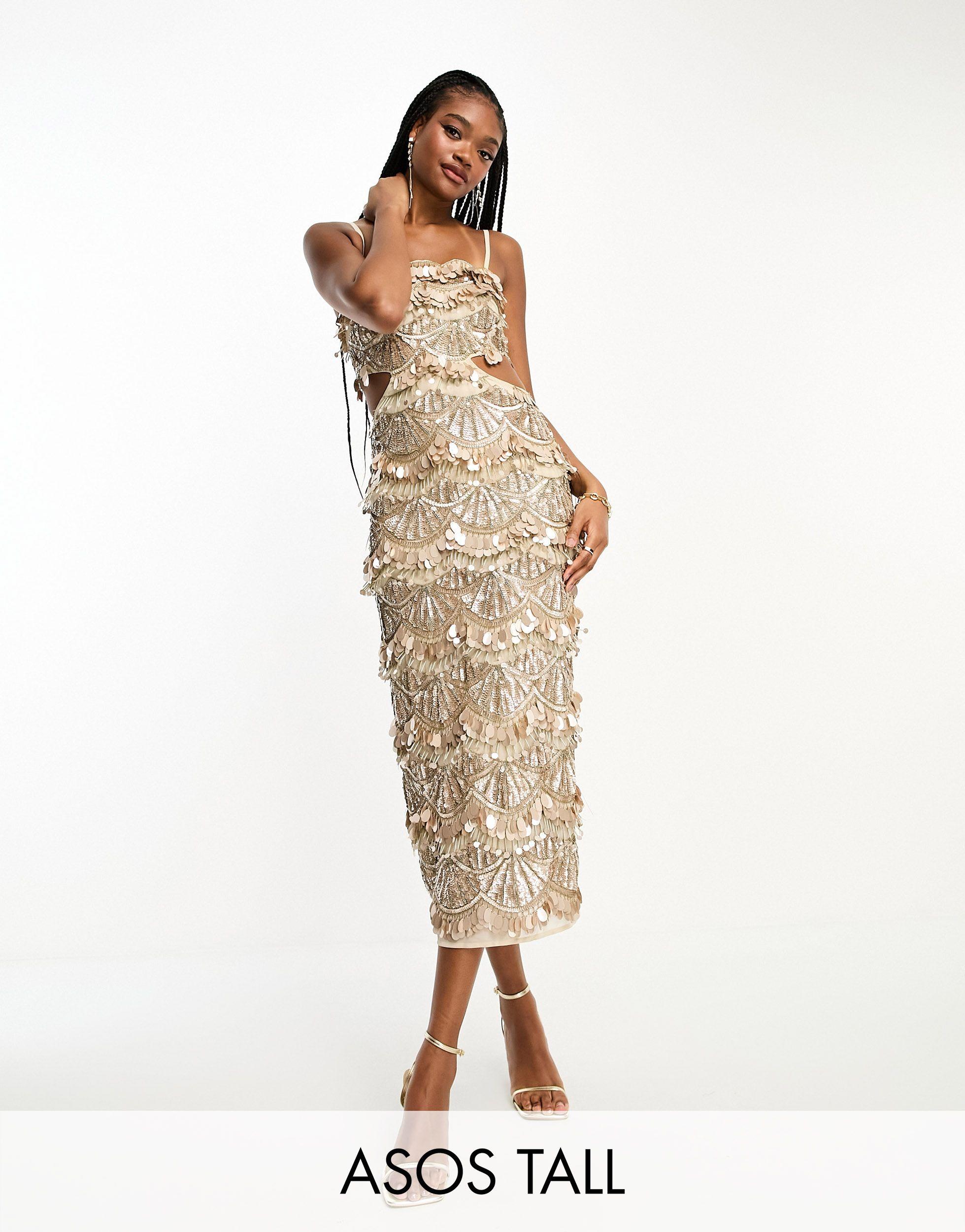 ASOS Asos Design Tall Embellished Teardrop Sequin Midi Dress With Cut Out Waist Detail in White ...