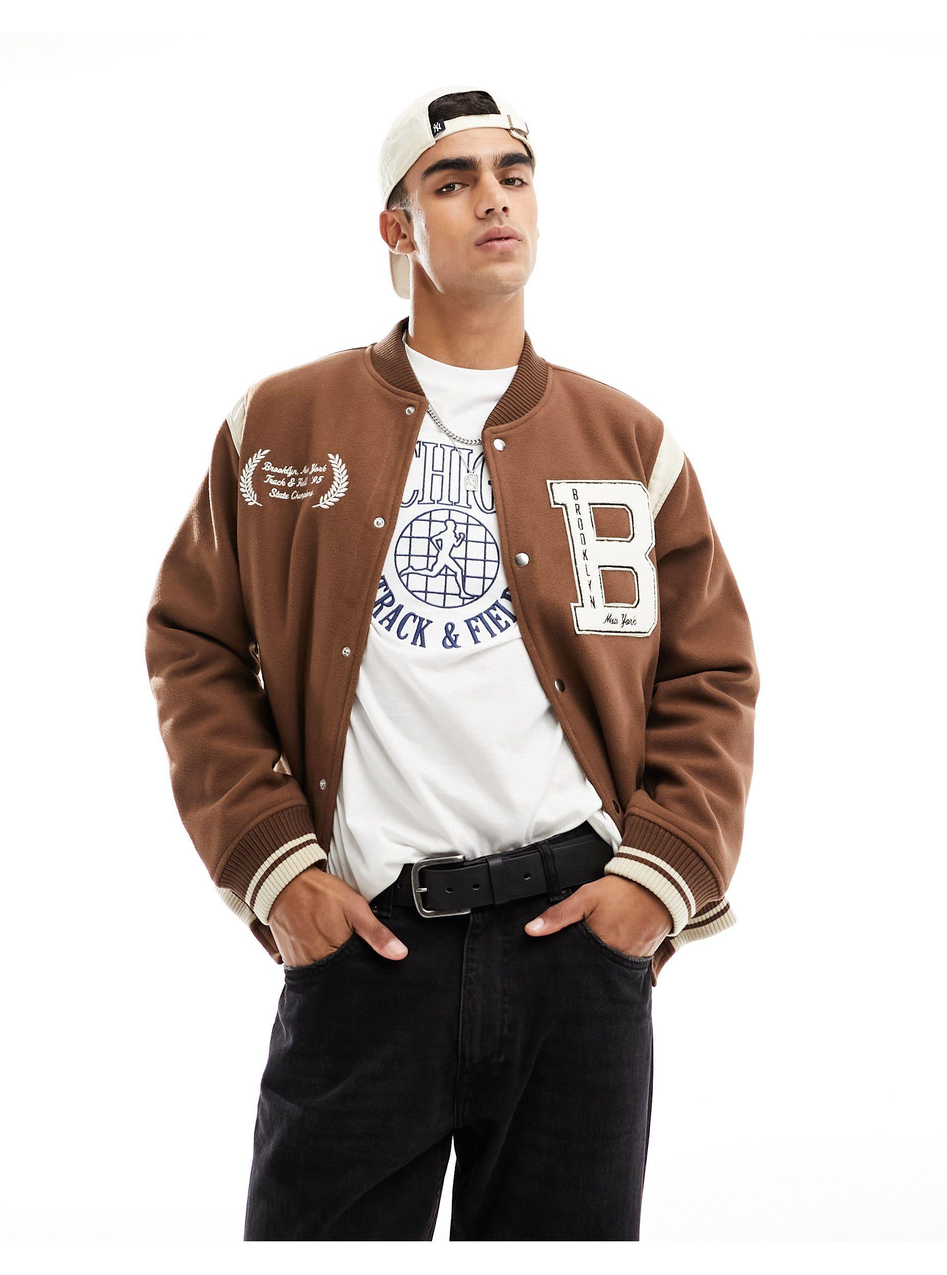 Abercrombie & Fitch Badge Logo Varsity Bomber Jacket in Brown for Men ...