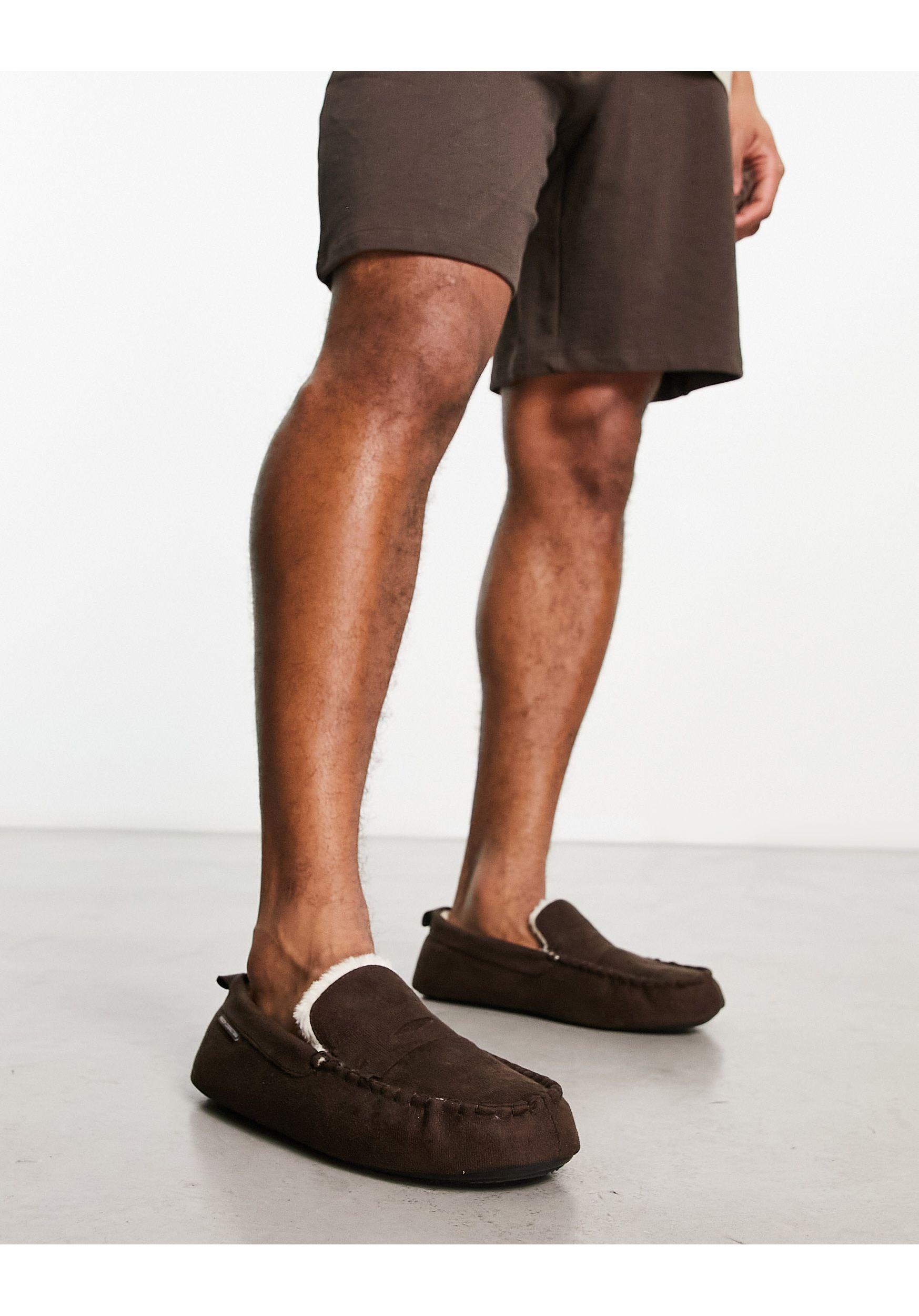 French Connection Mocassin Faux Fur Line Slippers in Brown for Men | Lyst