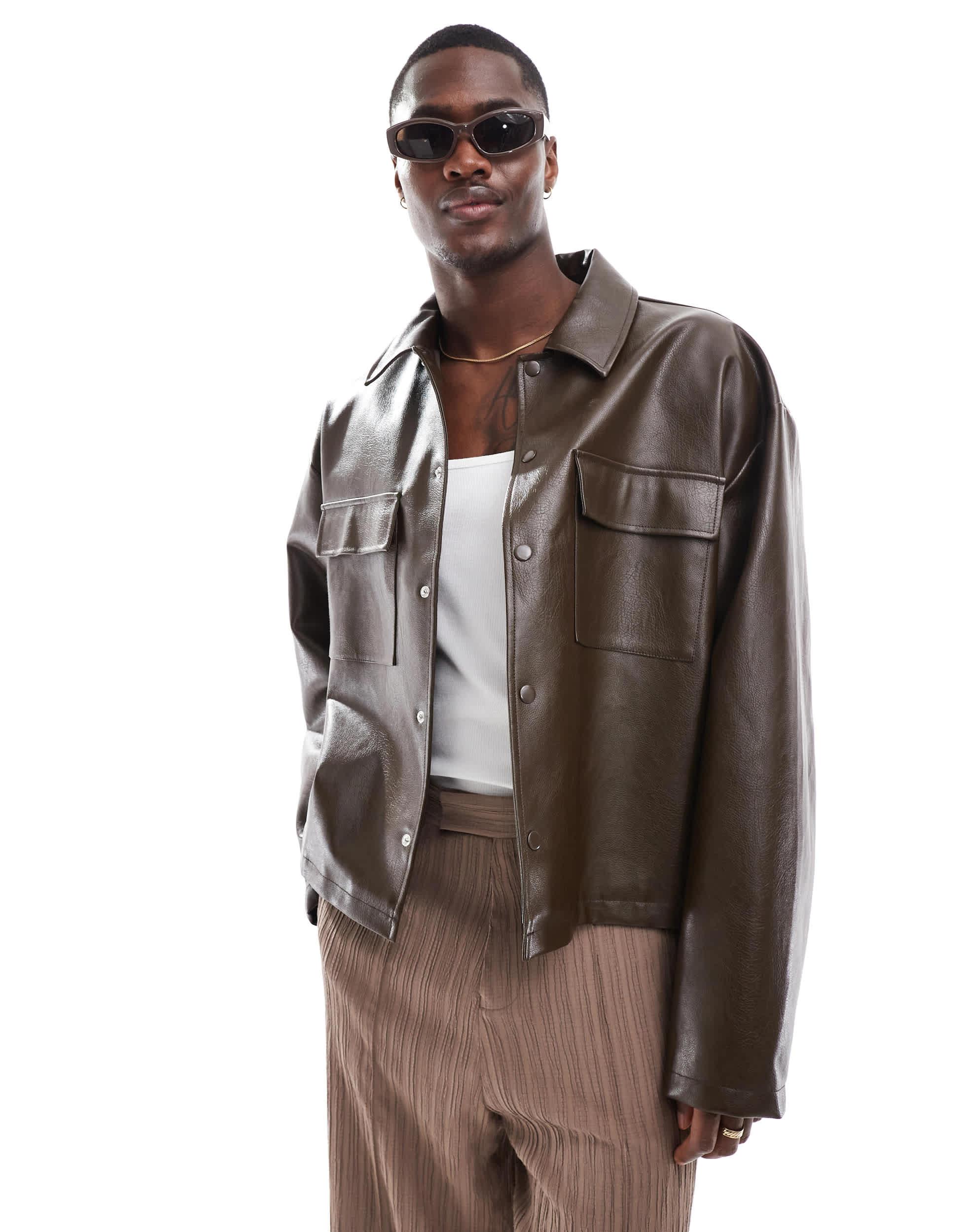 ASOS Oversized Faux Leather Boxy Harrington Jacket in Brown for Men | Lyst