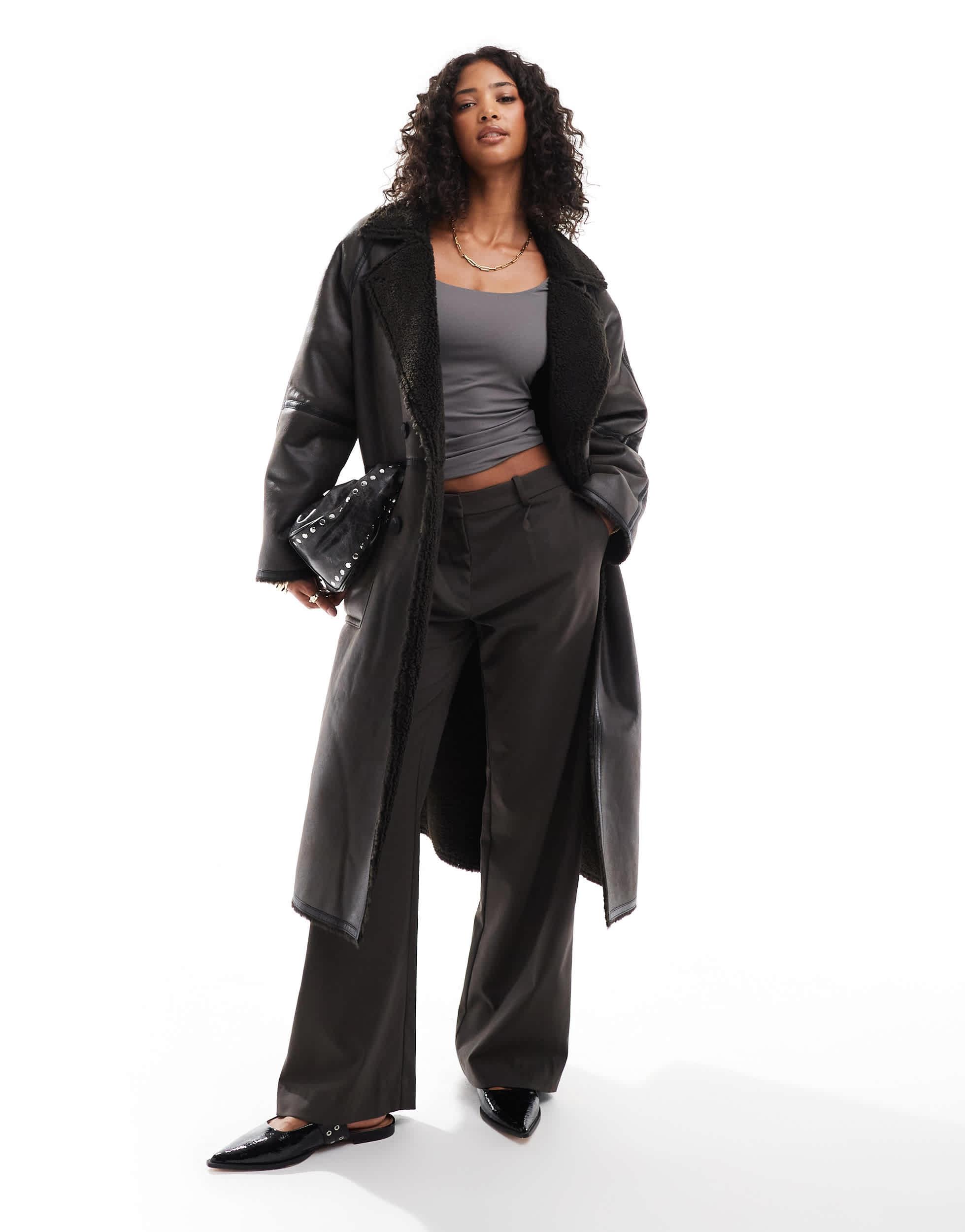 ASOS Longline Shearling Jacket With Contrast Binding in Black | Lyst