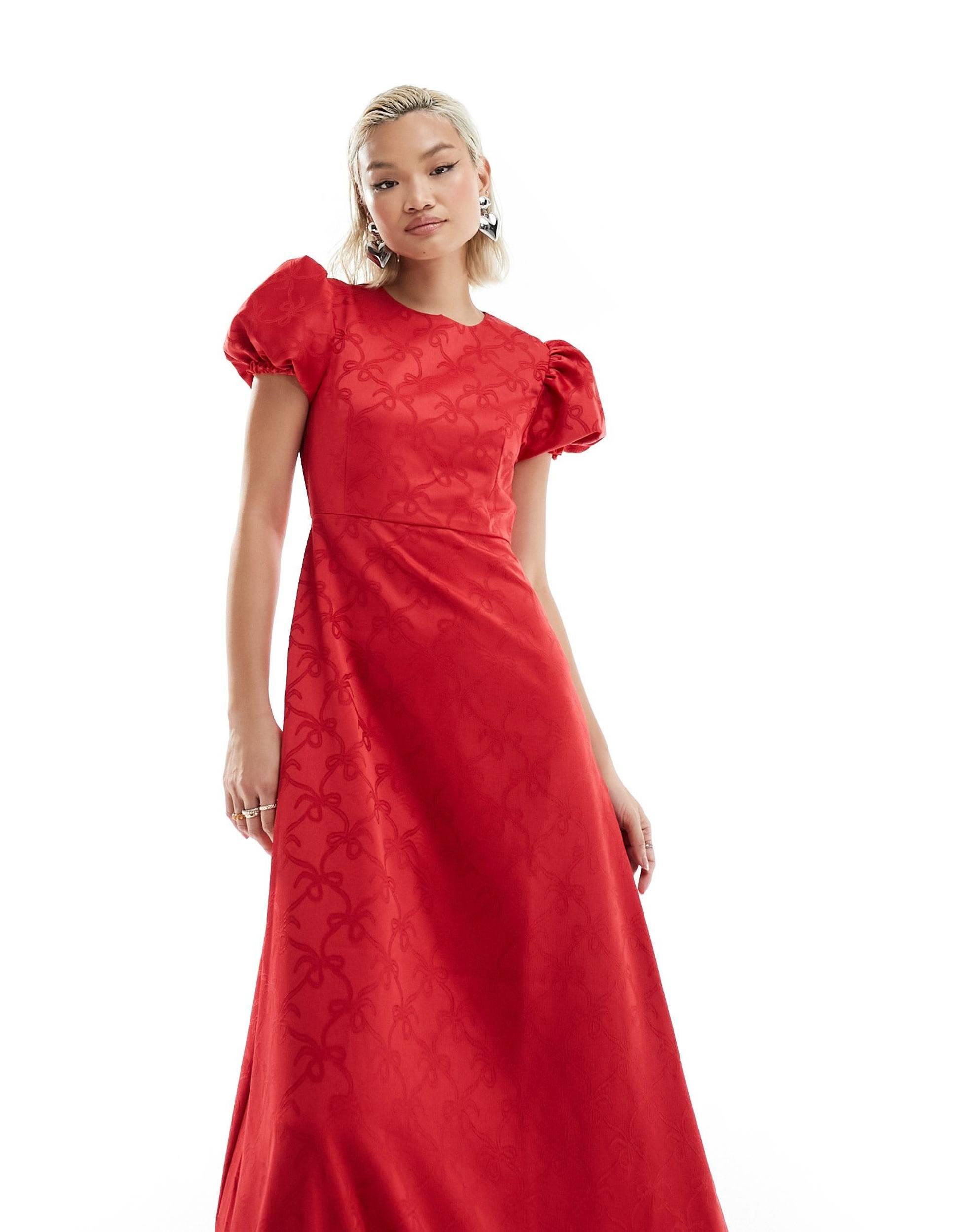 Sister Jane Bow Embossed Puff Sleeve Ruffle Hem Midaxi Dress Sister Jane Bow Embossed Puff Sleeve Ruffle Hem Midaxi Dress