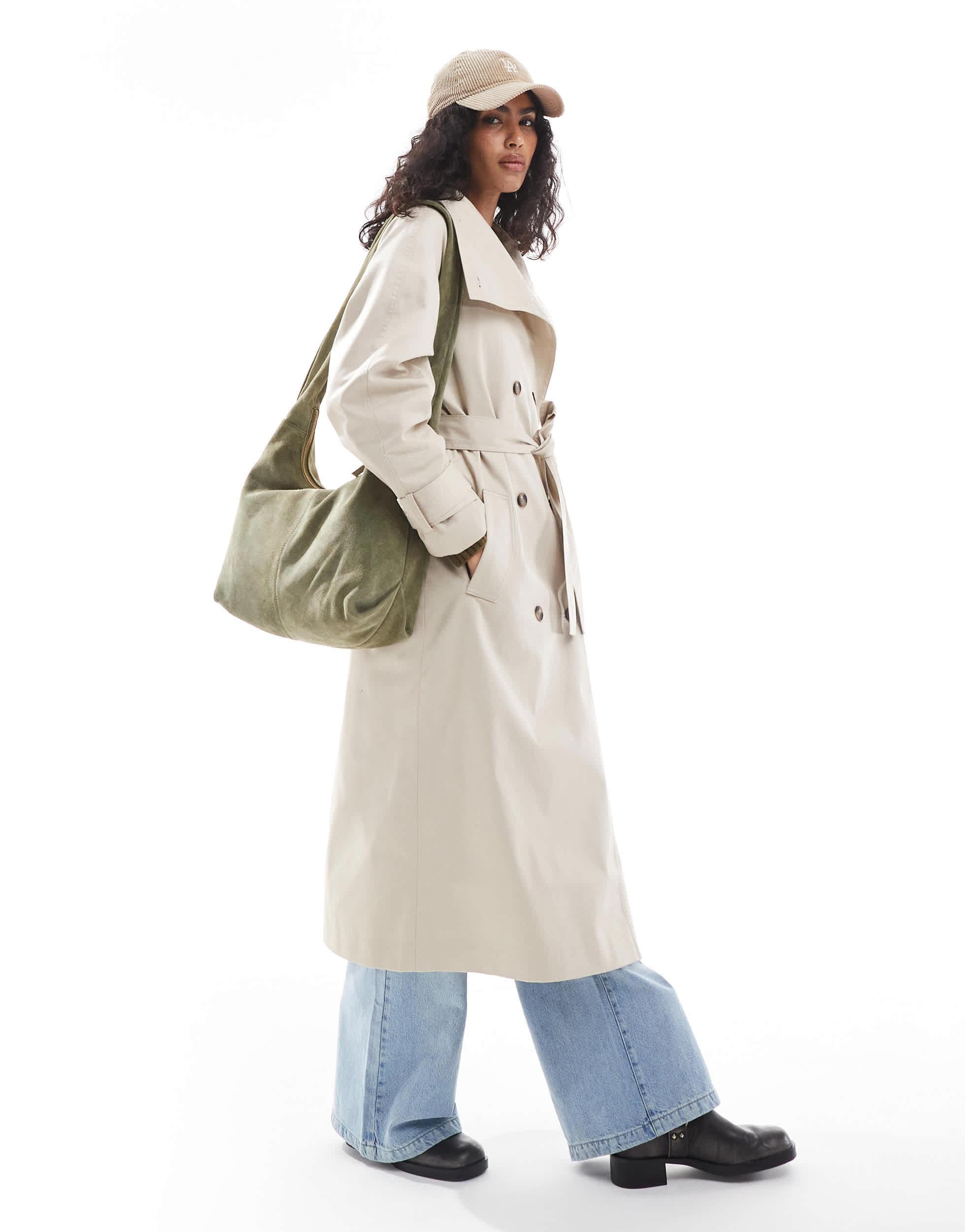 ASOS Longline Funnel Neck Trench Coat in White | Lyst