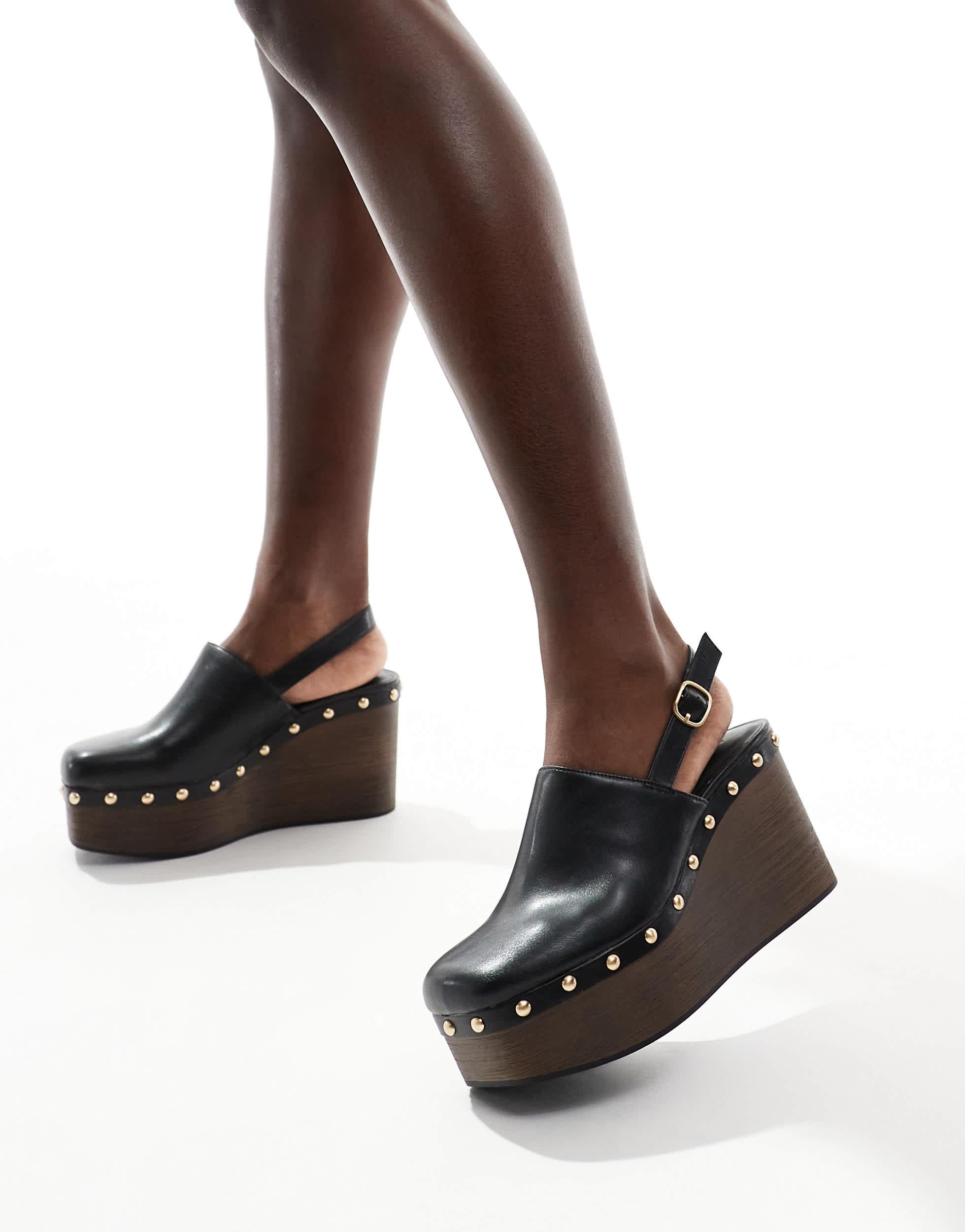Stradivarius Faux Leather Wedges With Studs in Brown | Lyst