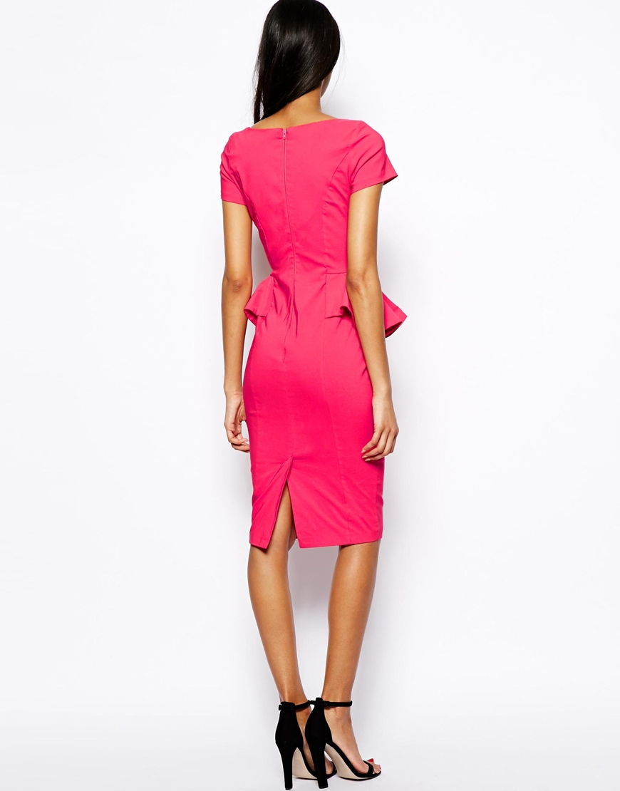 Asos Pencil Dress With Peplum And Sweetheart Neck In Yellow Lyst