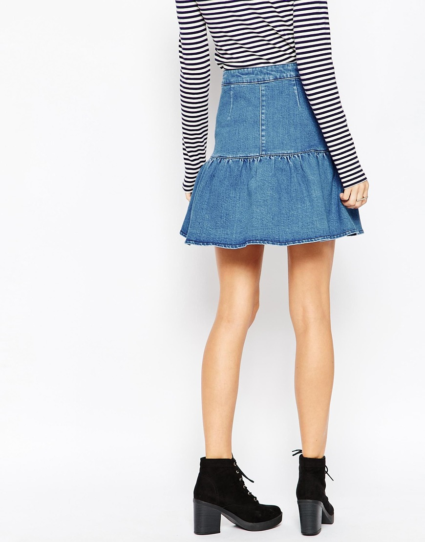 Asos Denim Mini Skirt With Ruffle Hem In Mid Wash Blue In Blue Lyst