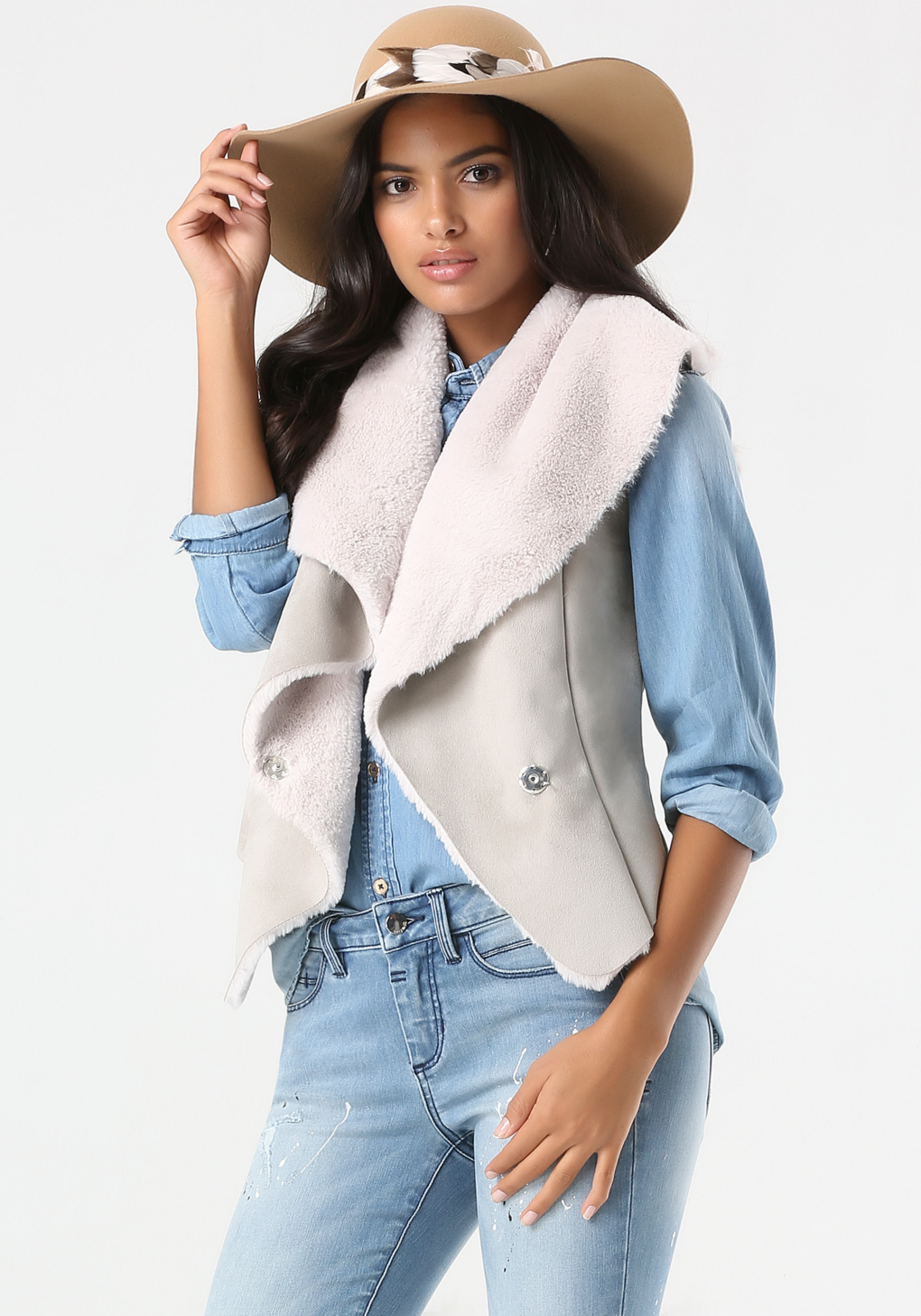Bebe Faux Suede And Faux Fur Vest In Gray Grey Lyst