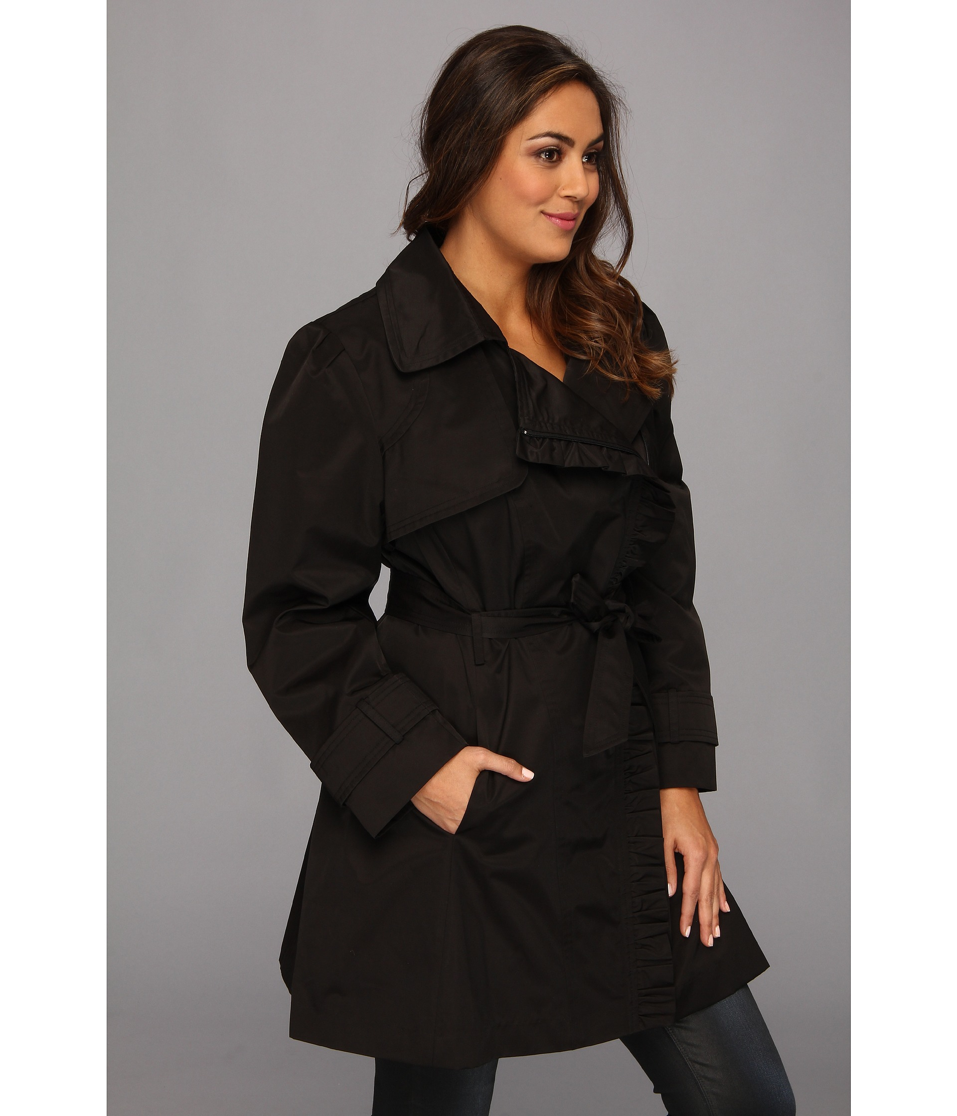 Jessica Simpson Plus Size Ruffle Trim Belted Trench Coat In Black Lyst