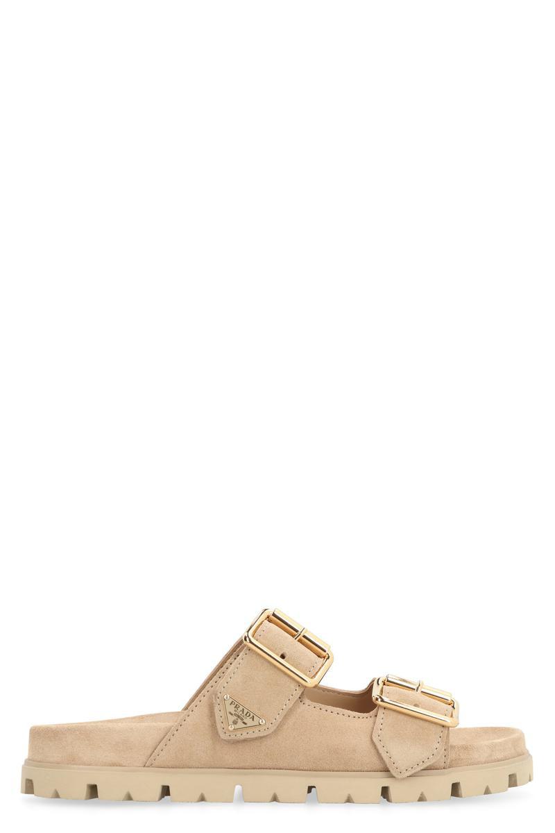 Prada Suede Buckle Slide Sandals in Natural | Lyst