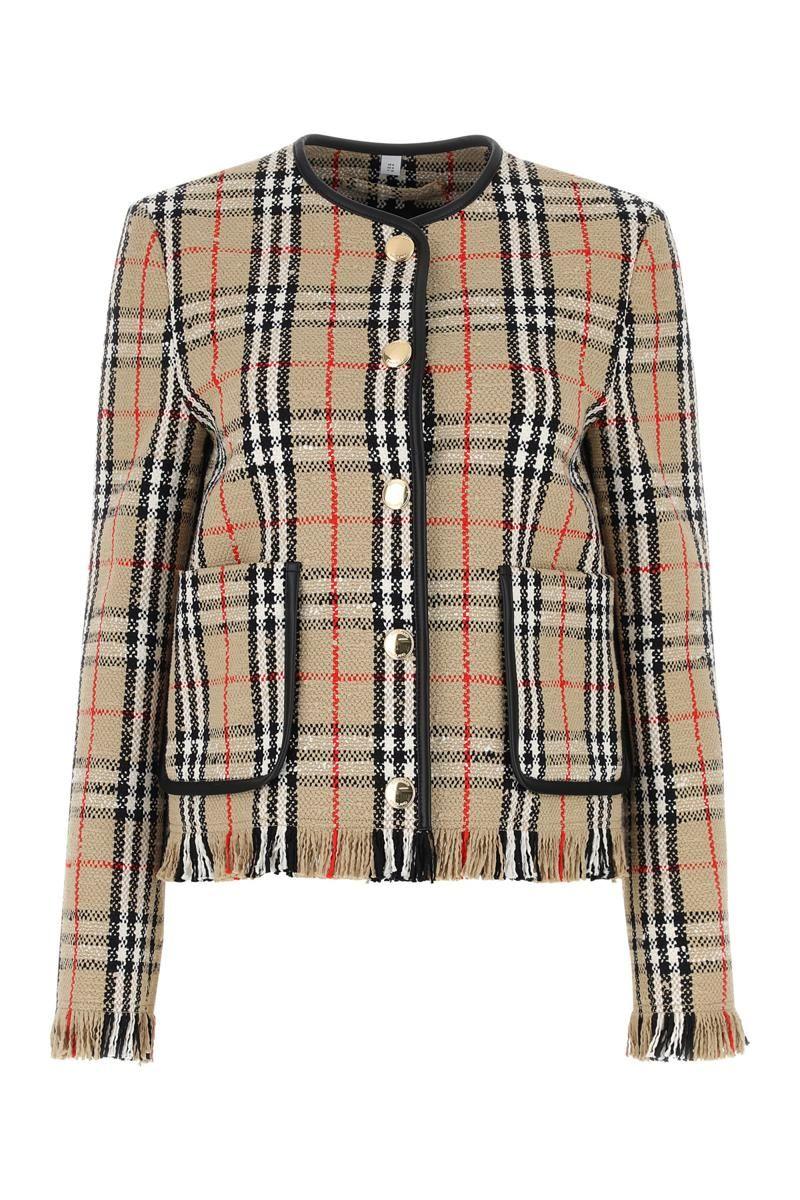 Burberry Vintage Check Boucle Collarless Leather-trim Wool-blend Jacket ...