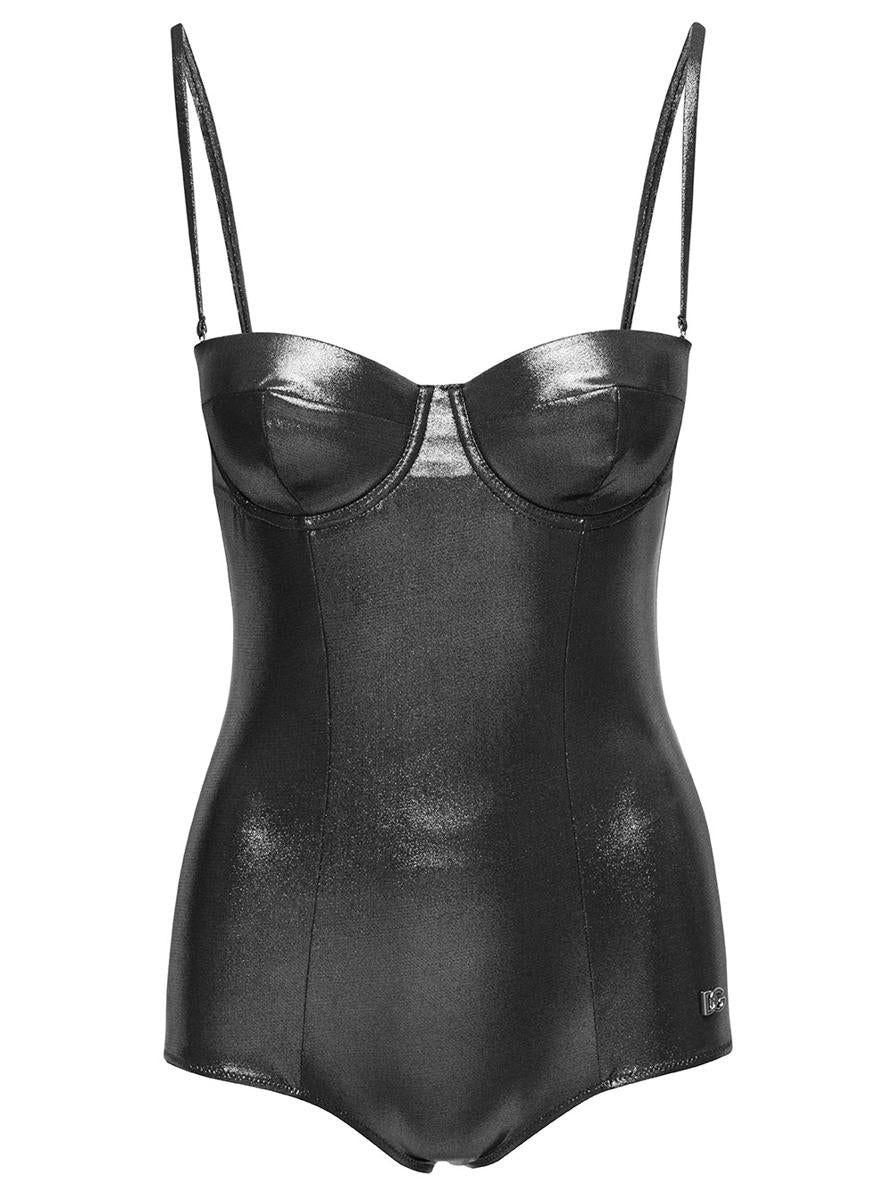 Dolce And Gabbana Grey Balconette One Piece In Laminated Stretch Fabric