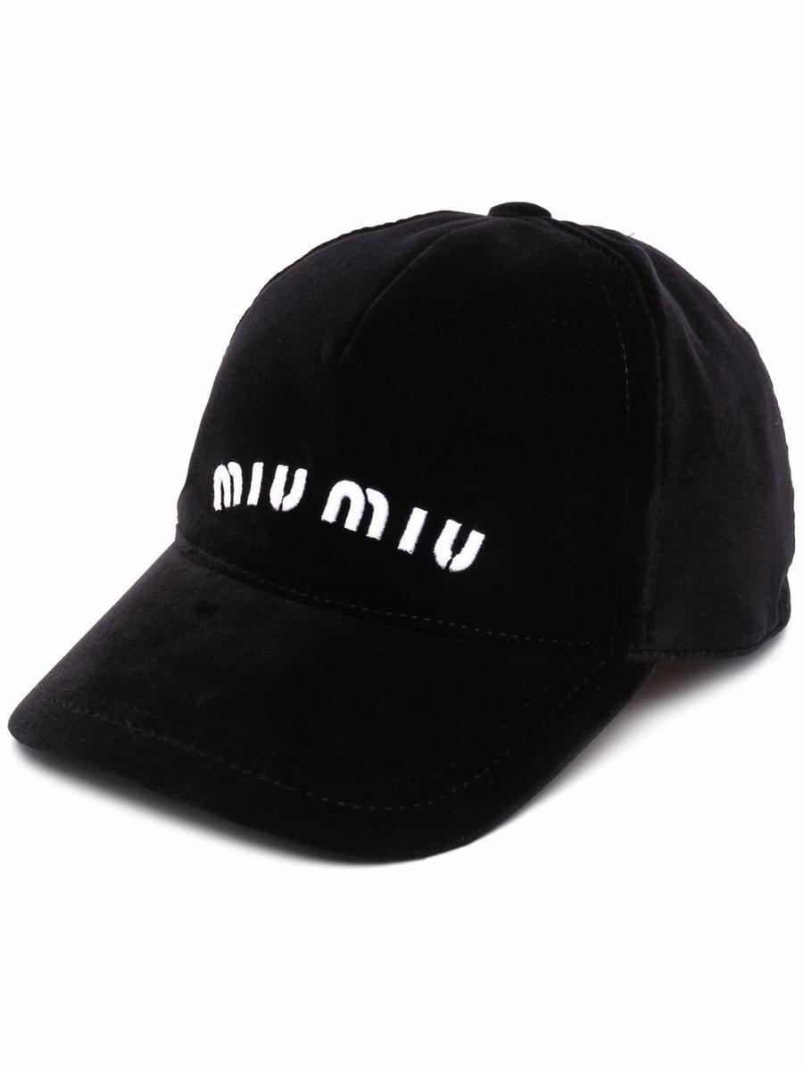 Miu Miu Brand-embroidered Velour Cap in Black | Lyst