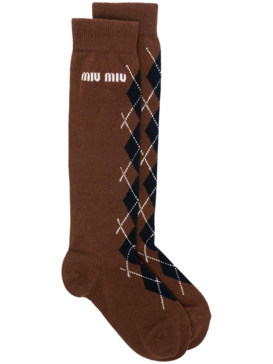 Miu Miu Intarsia-Logo Socks in Brown | Lyst