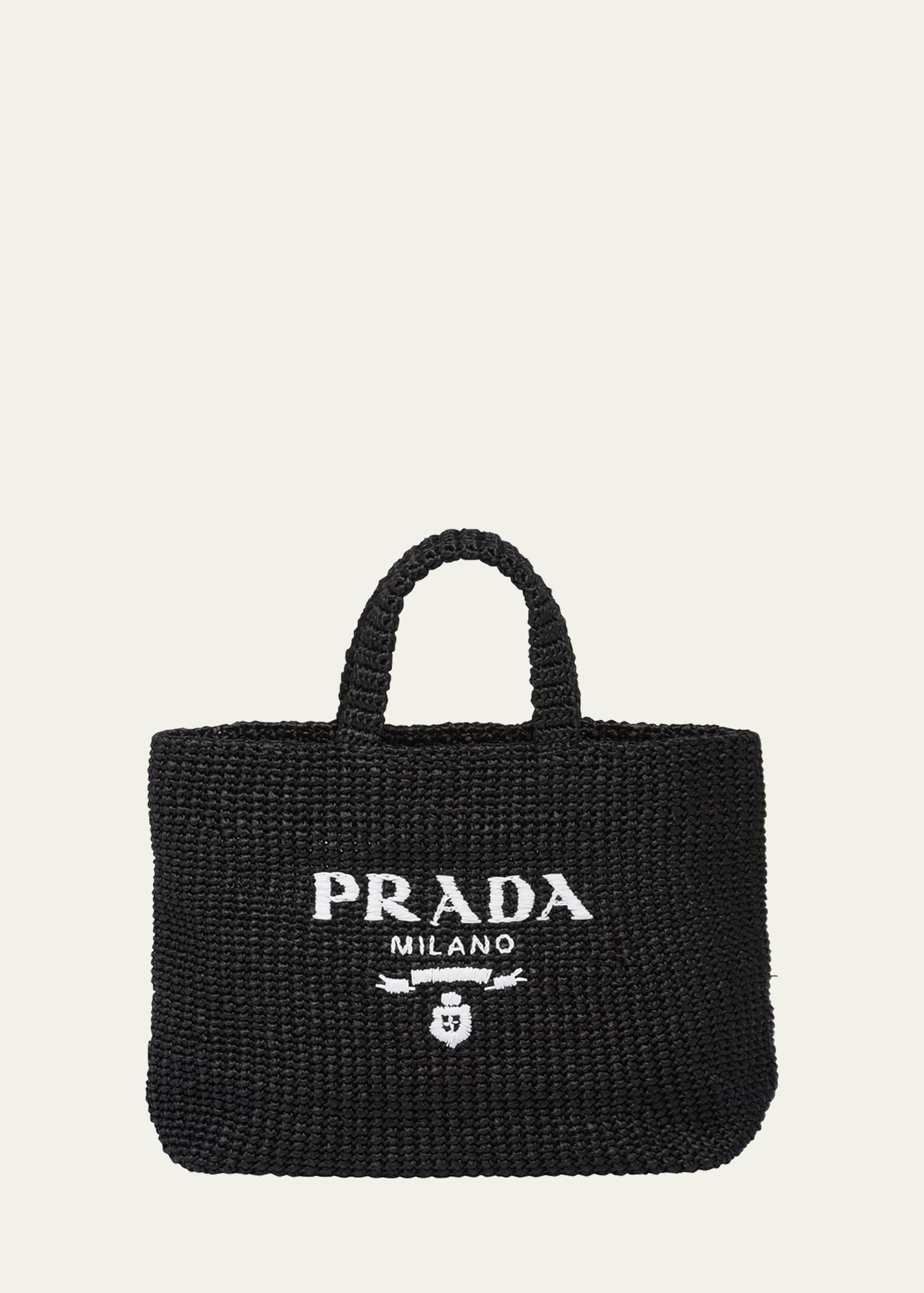 Prada Logo Striped Raffia Shoulder Bag in Black | Lyst