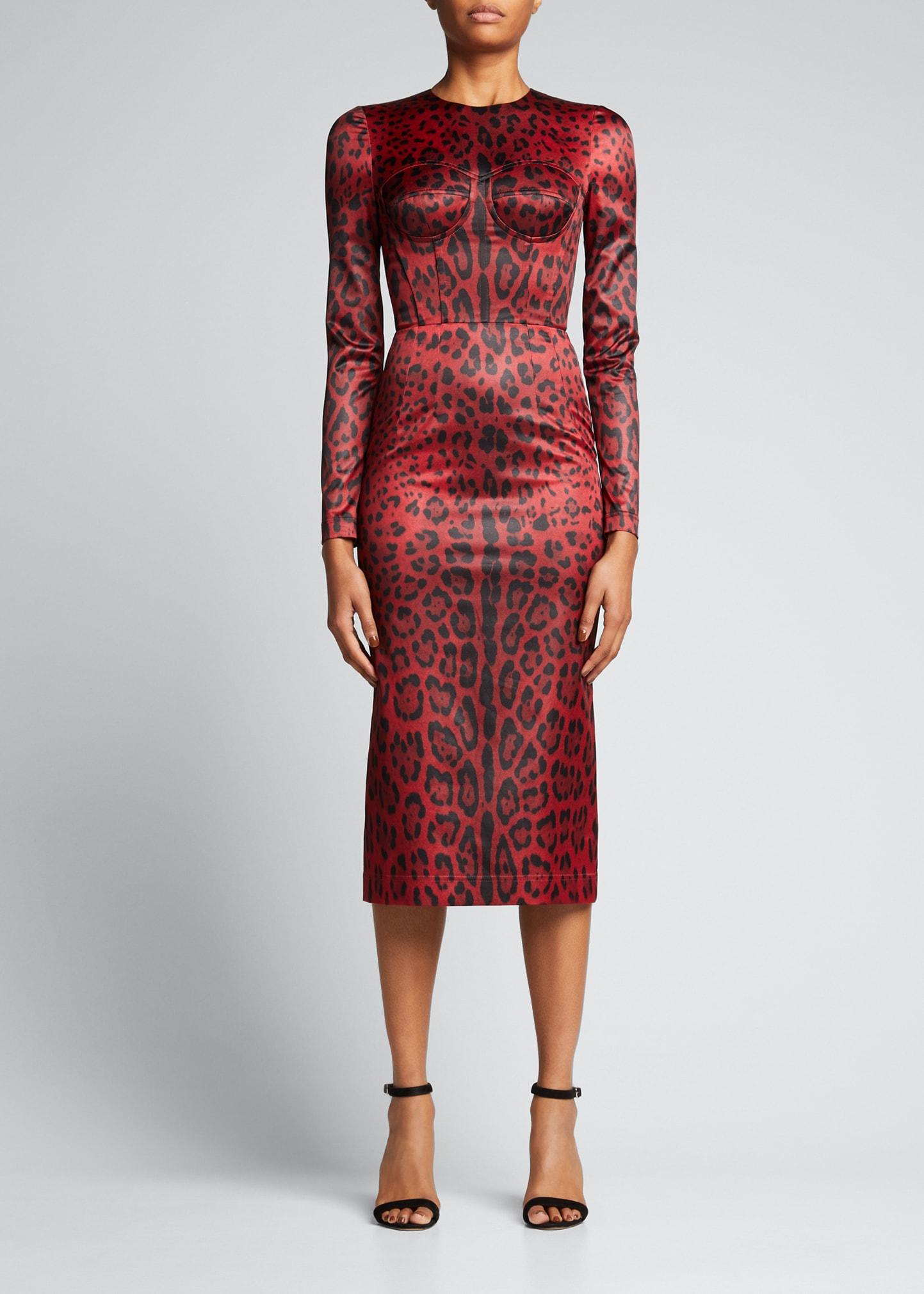 Dolce And Gabbana Tubino Leopard Print Satin Midi Dress In Red Lyst