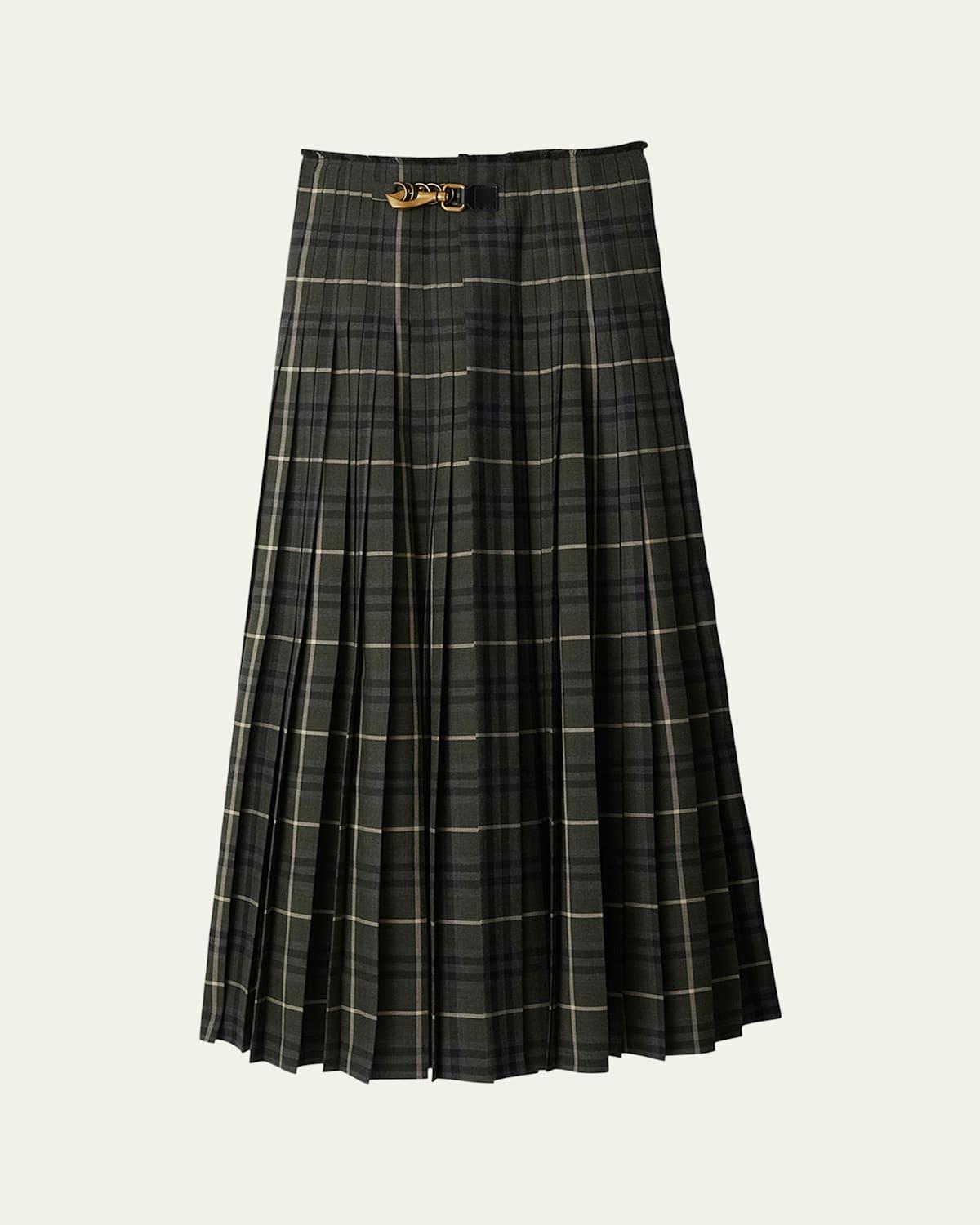 Burberry Long Check Pleated Wool Kilt in Black | Lyst
