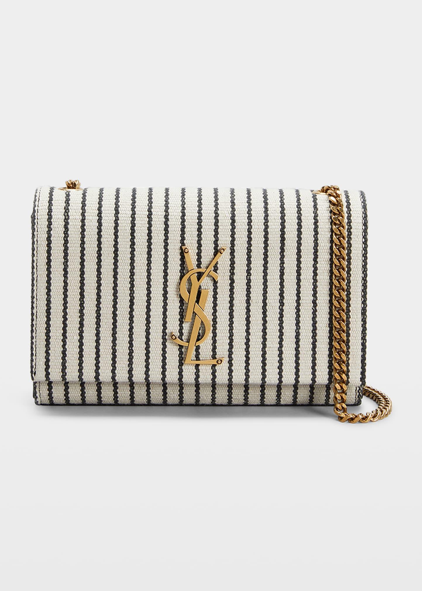 Saint Laurent Kate Small Ysl Striped Canvas Shoulder Bag in White | Lyst