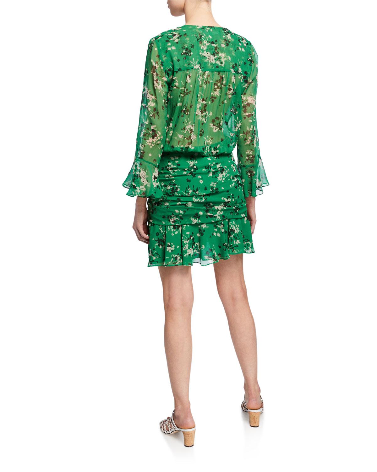 Veronica Beard Silk Sean Floral-print Ruched Flounce Dress in Green ...