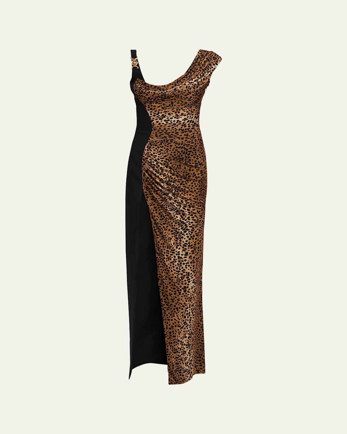 Versace Leopard-Print Draped Liquid Jersey Slit Gown in Natural | Lyst