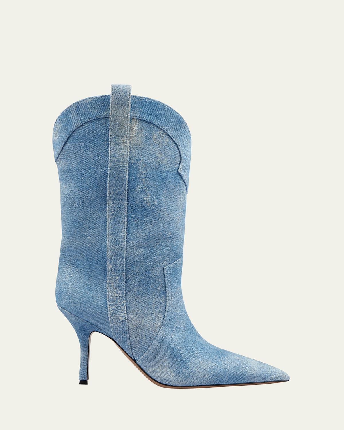 Paris Texas Paloma Denim Effect Suede Stiletto Western Booties in Blue ...