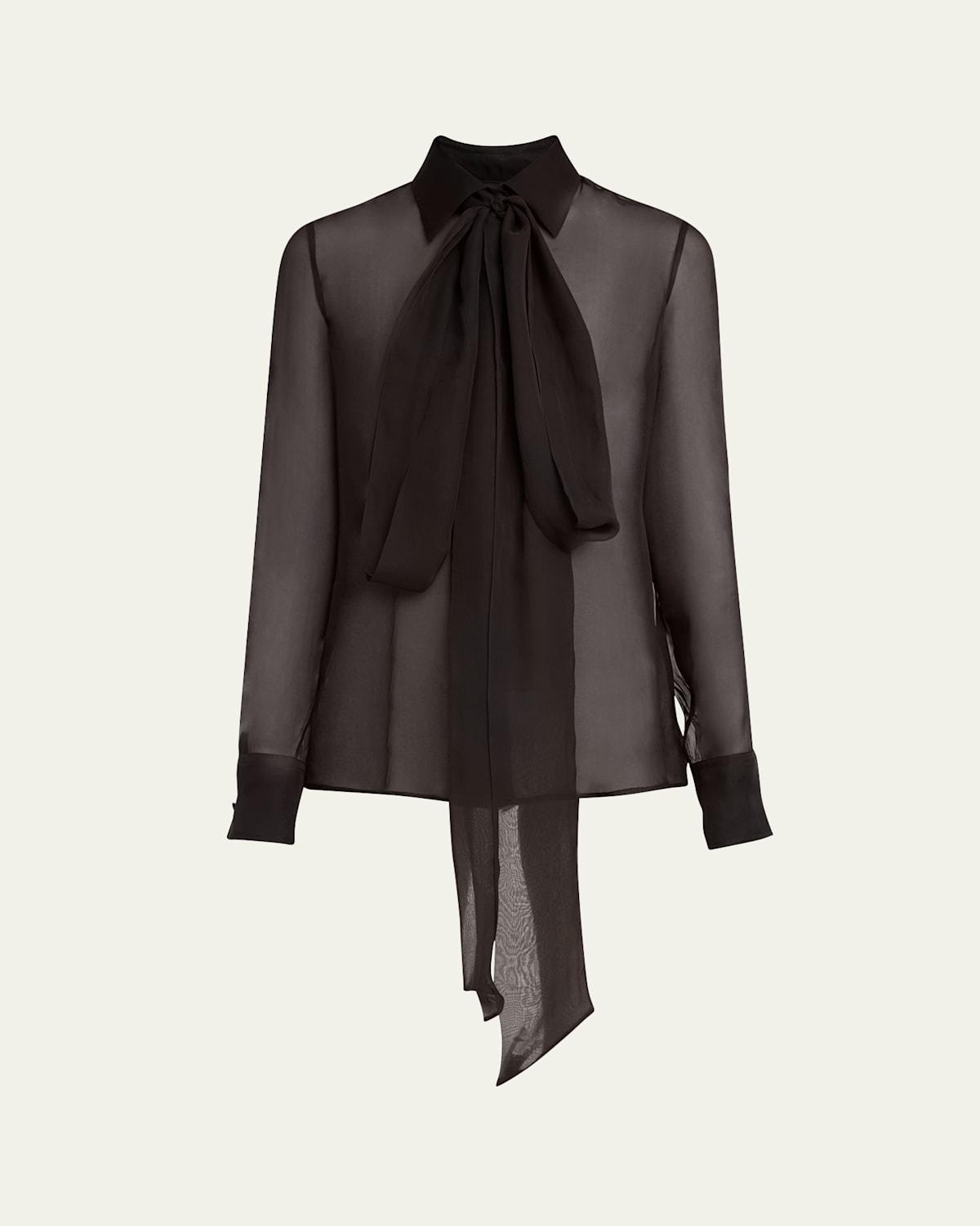Valentino Garavani Bow-Neck Sheer Silk Blouse in Black | Lyst