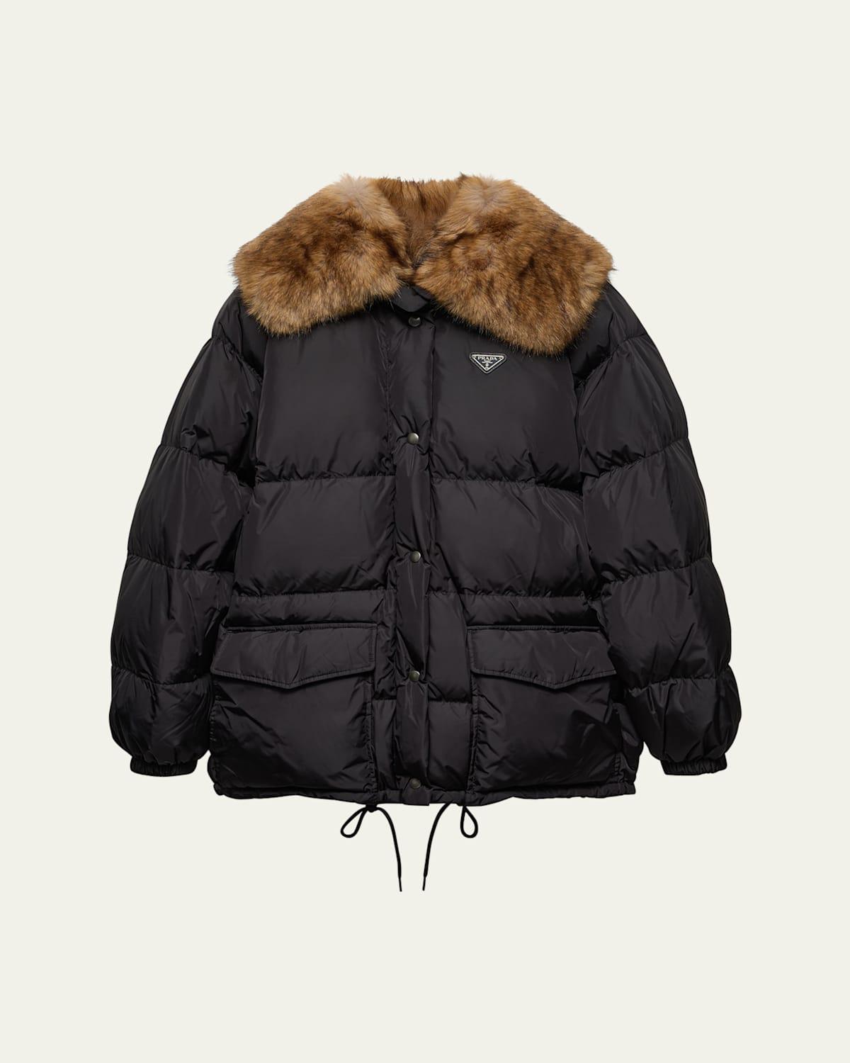 Prada Puffer Jacket With Fur Collar in Black | Lyst