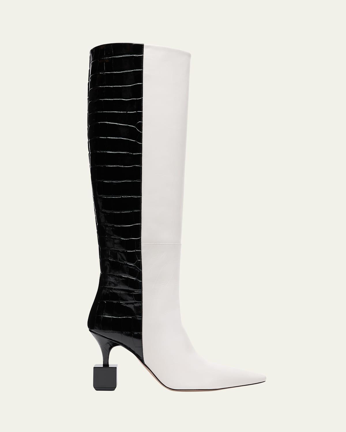 Jacquemus Mixed Leather Cube-Heel Knee Boots in White | Lyst
