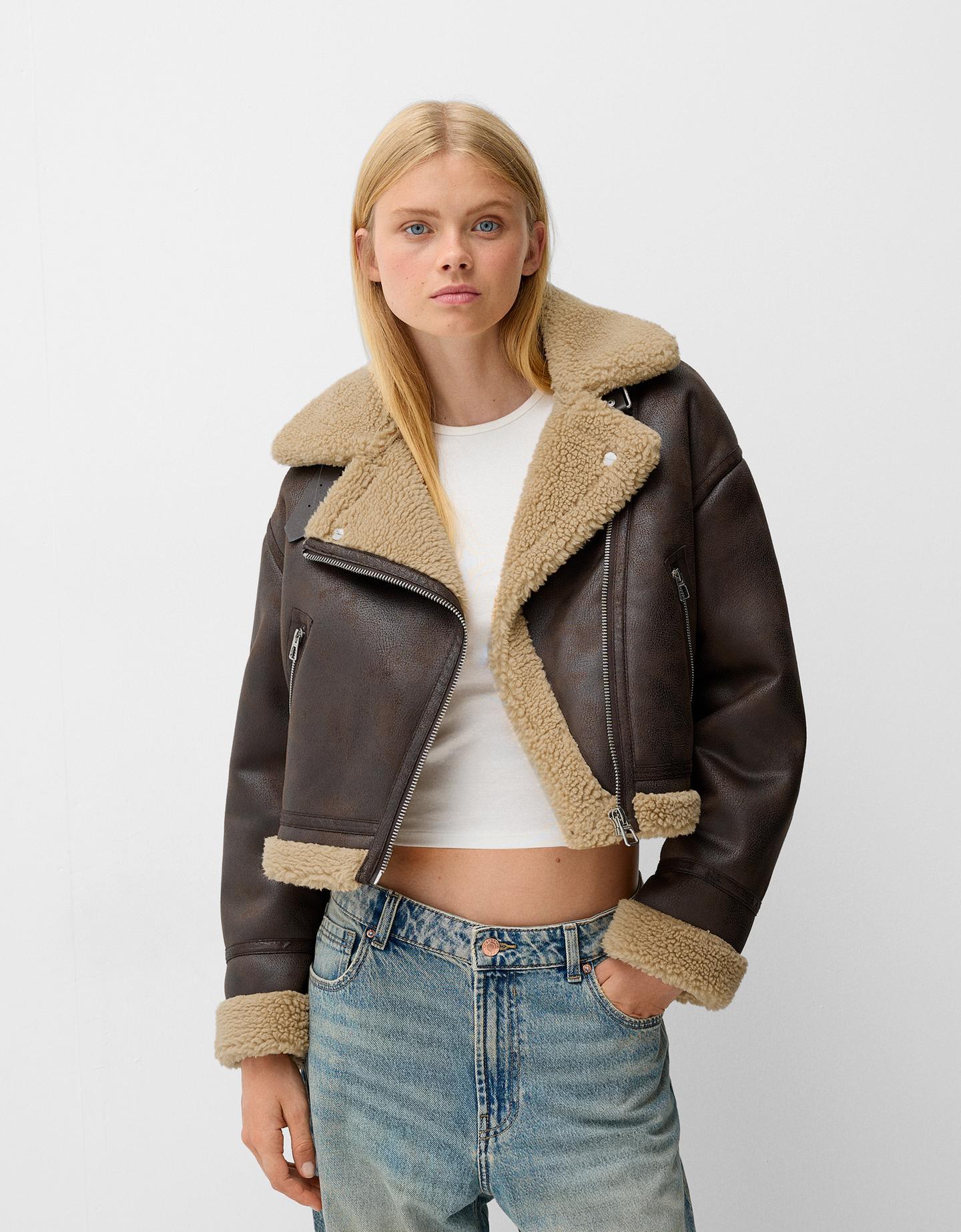 Bershka Faux Shearling Biker Jacket in Blue | Lyst
