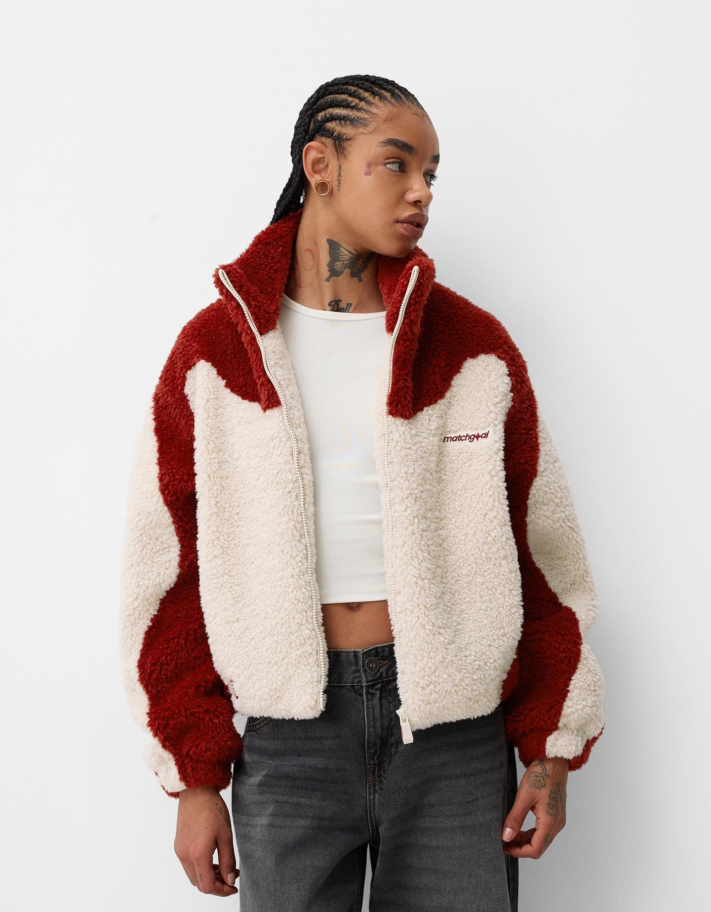 Bershka Faux Shearling Jacket With Contrast Details in Red | Lyst